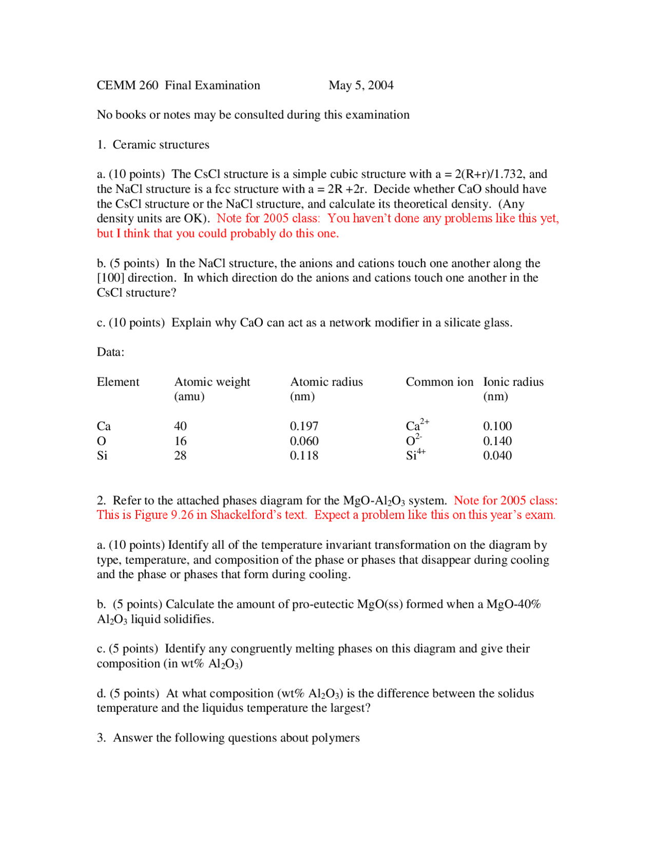 Properties Of Materials Final Exam Cme 260 Docsity