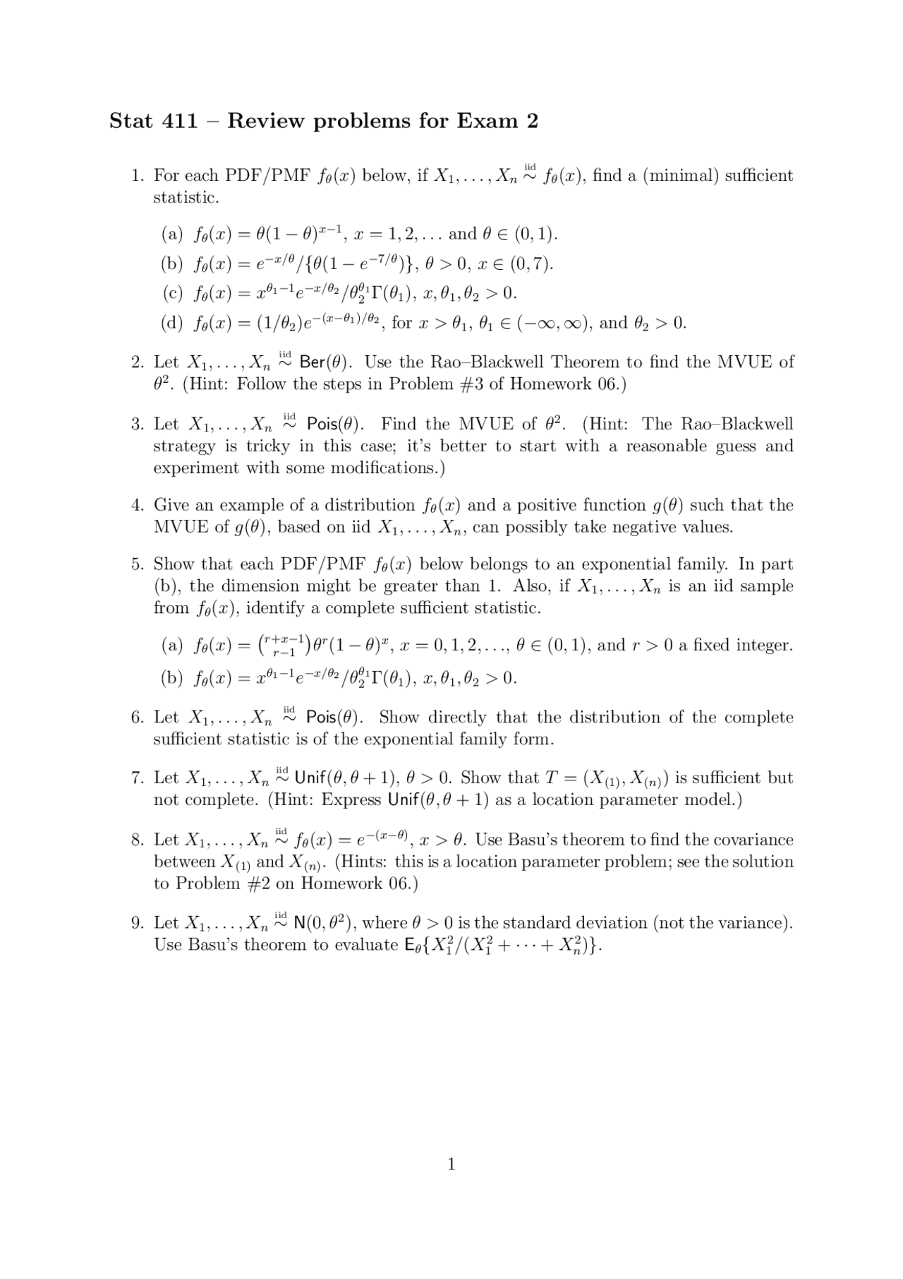 Review Problems For Exam 2 Statistical Theory Stat 411 Docsity