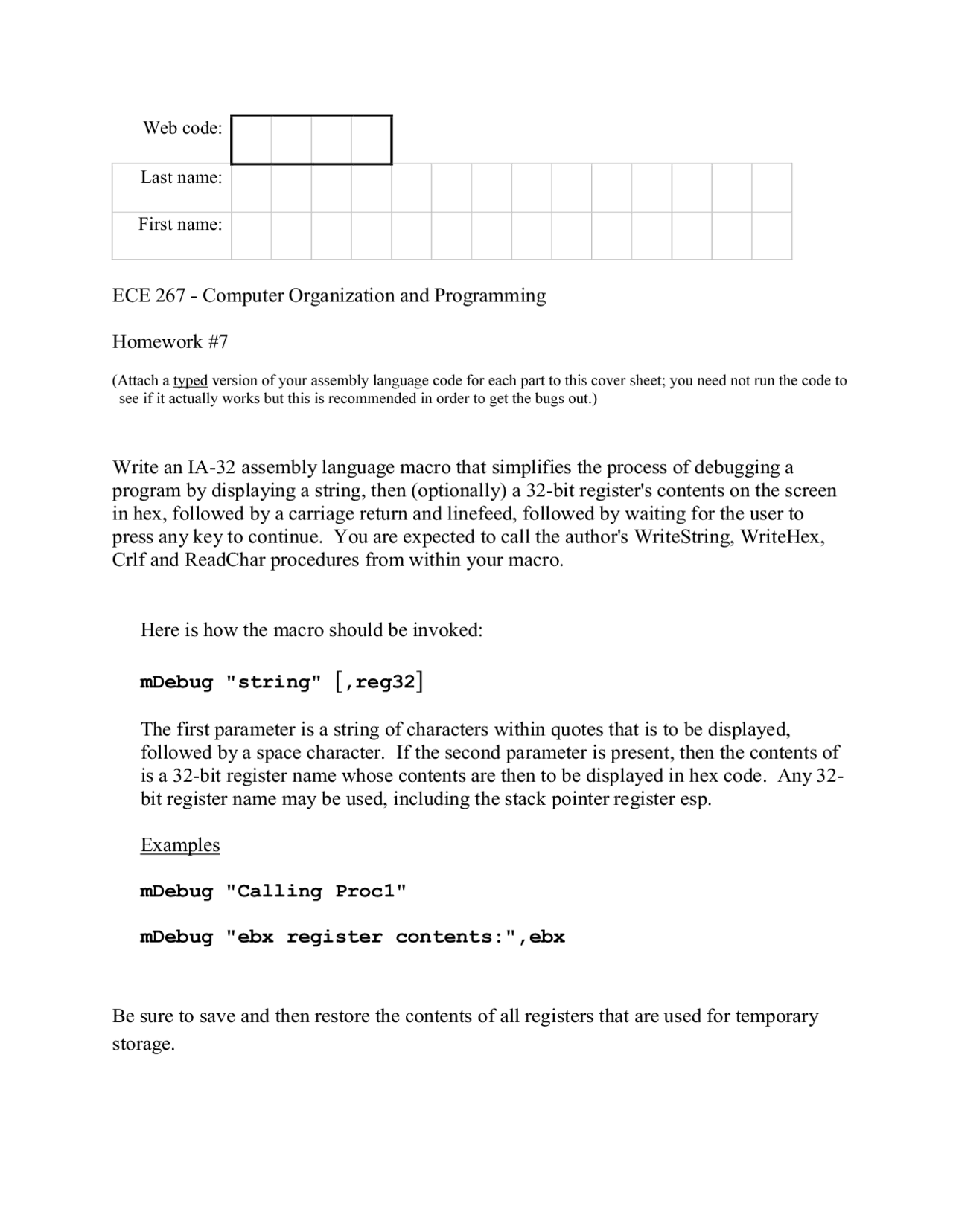 Computer Organization And Programming Homework 4 Ece 267 Docsity