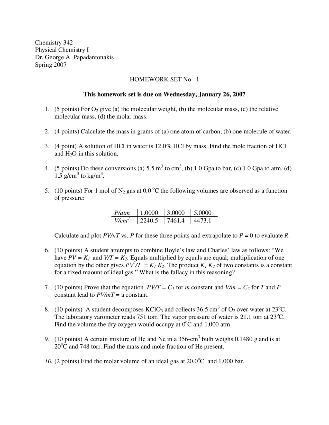 Homework Set 1 With Solutions Physical Chemistry I Chem 342 Docsity