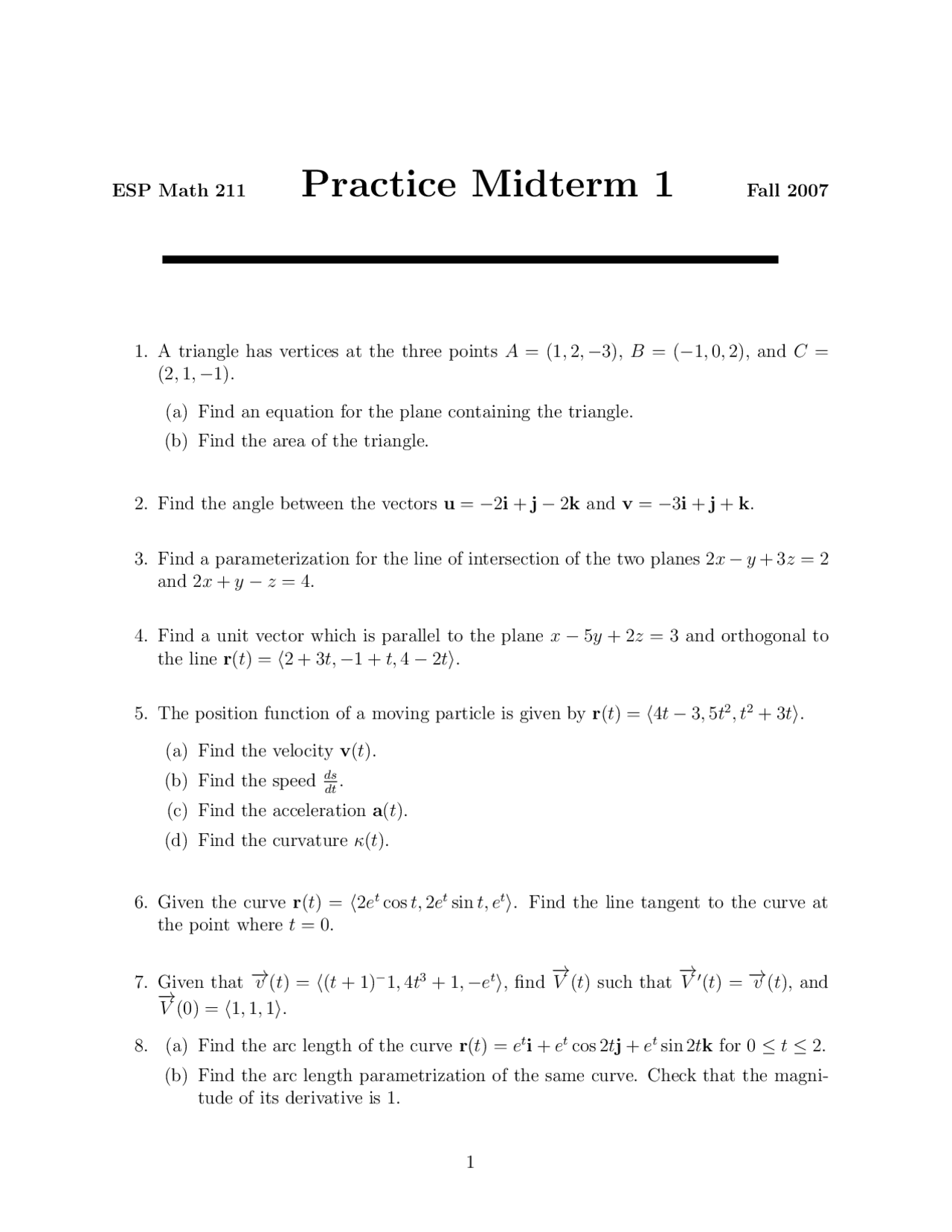 8 Problems on the Parameterization - Midterm Exam 1 | MATH 211 - Docsity