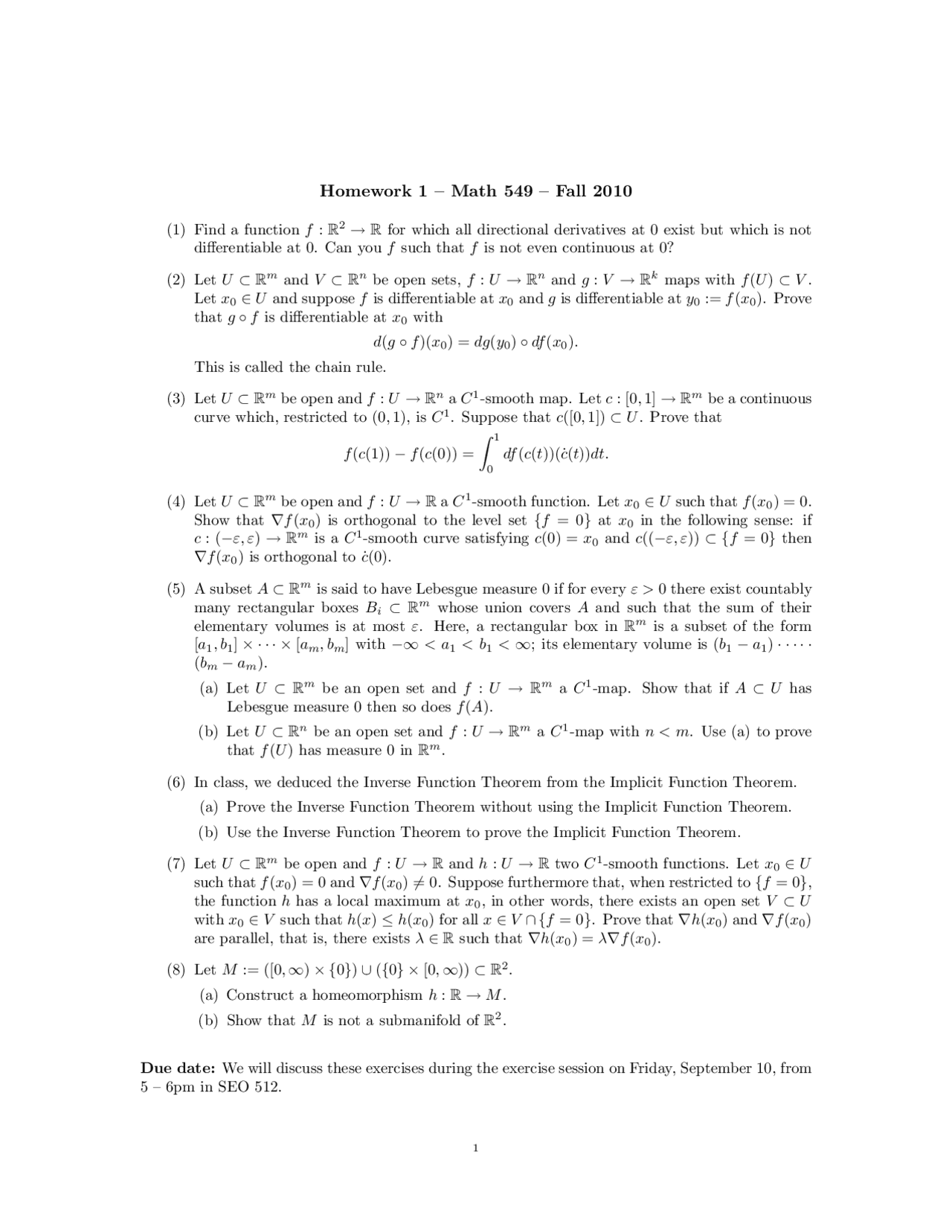 Differentiable Manifolds I Assignment 1 Questions Math 549 Docsity