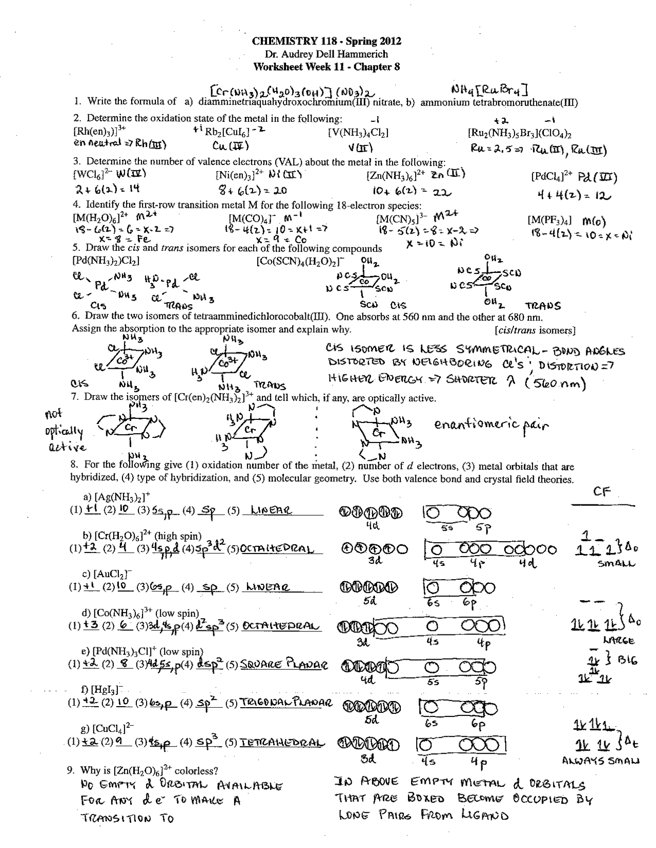 Honors General Chemistry II - Sample Worksheet #11 with Answers | CHEM ...