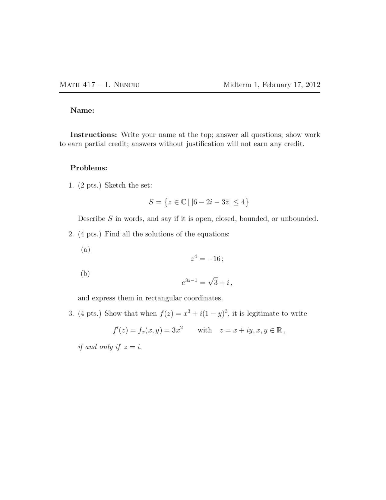 Midterm Exam 1 Complex Analysis With Applications Math 417 Docsity