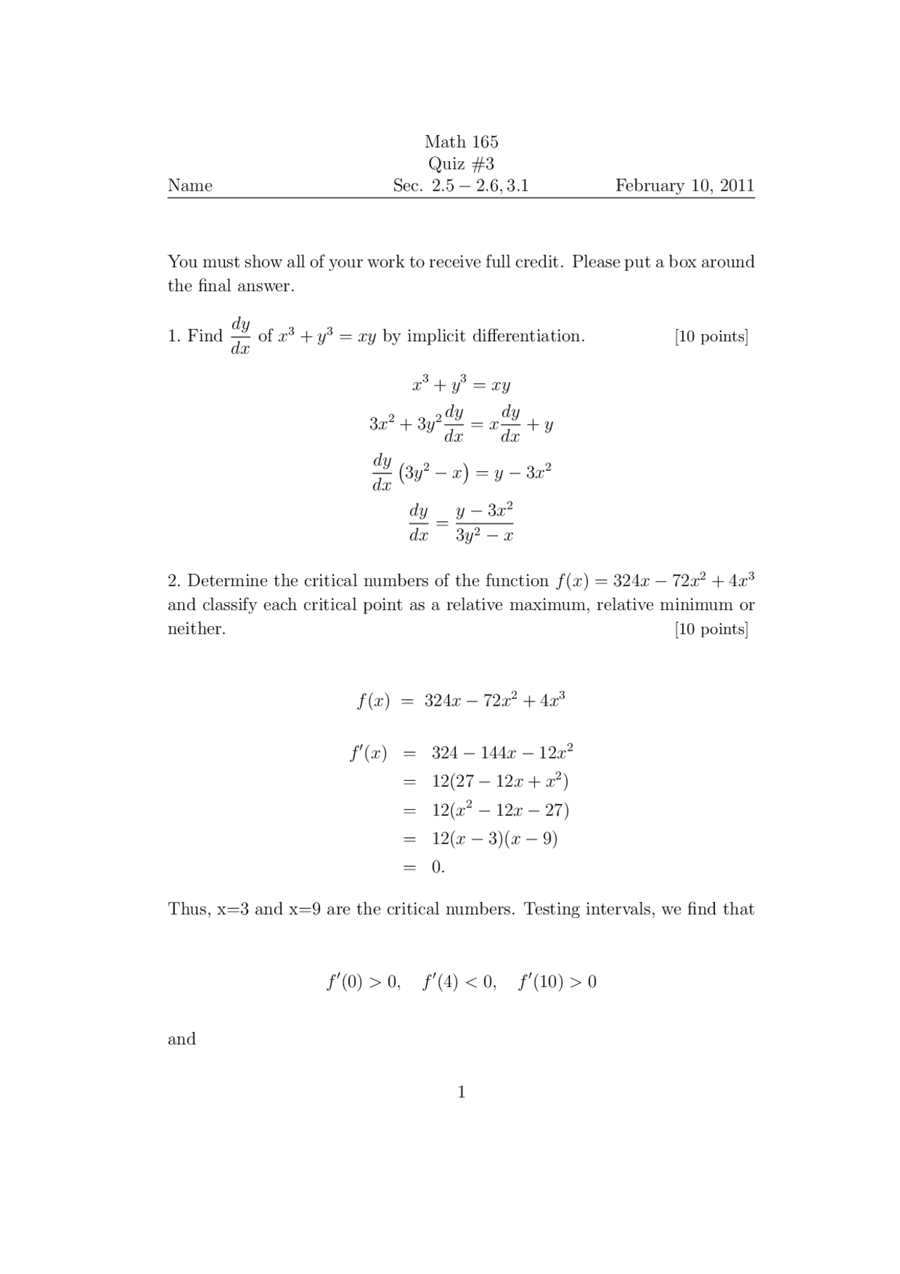 Math 165 Quiz #3: Implicit Differentiation and Critical Numbers | Quizzes Calculus | Docsity