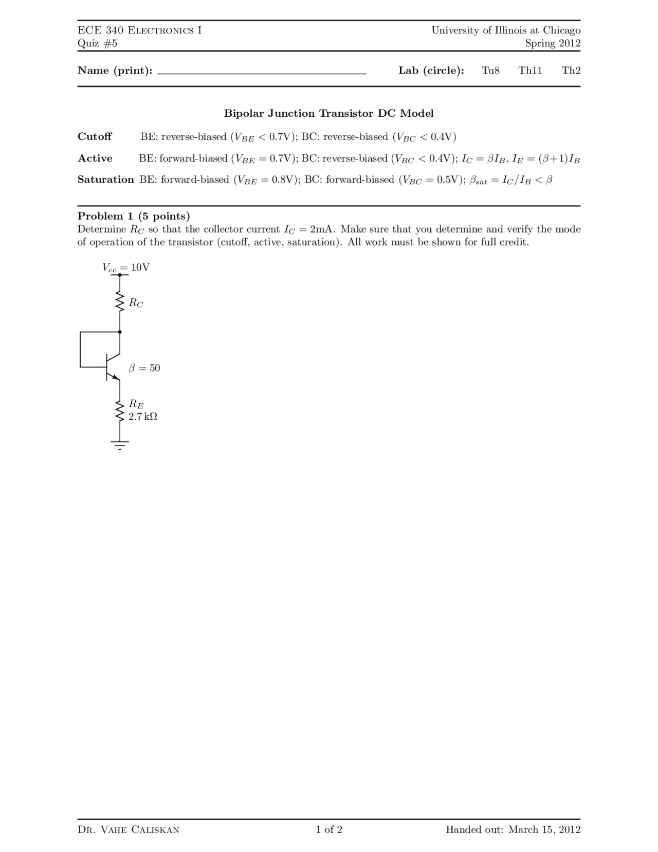 Bipolar Junction Transistor Dc Model Quiz 5 Ece 340 Docsity