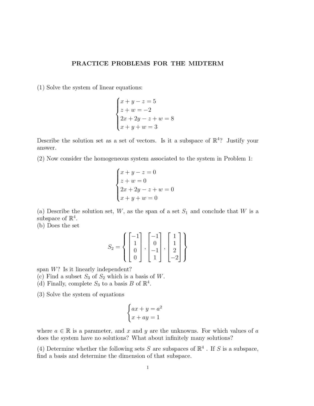 Linear Algebra I Midterm Practice Problems Math 320 Docsity