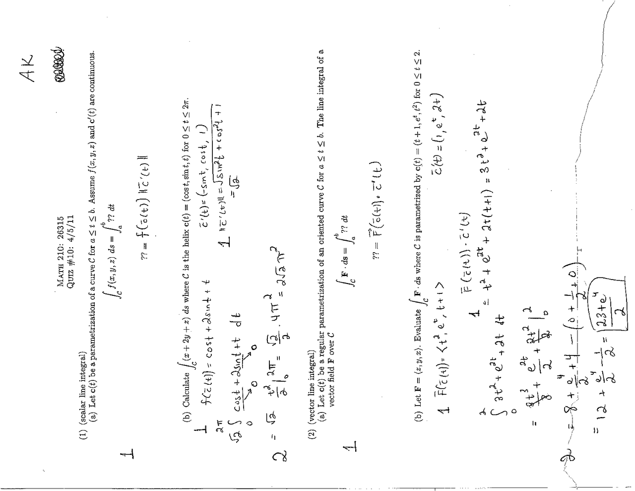 Scalar And Vector Line Integral On Calculus Iii Quiz 10 Math 210