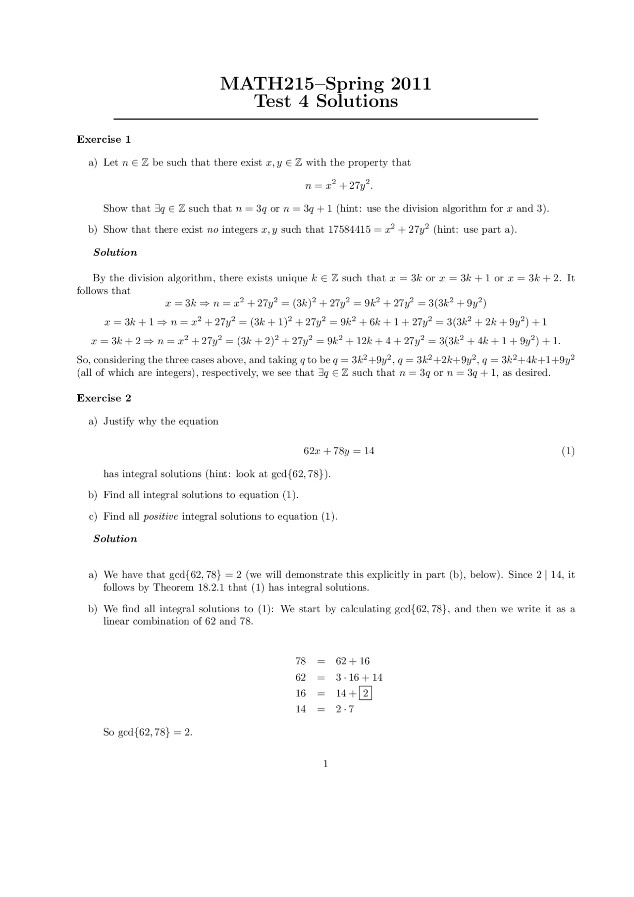 Exam 4 Solutions - Introduction to Advanced Mathematics | MATH 215 | Exams Mathematics | Docsity