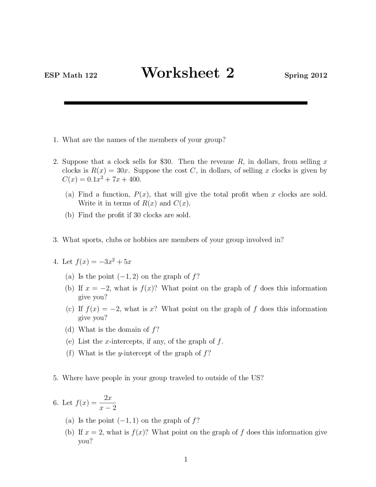 ESP Math 122 Worksheet 2 - Spring 2012: Calculus Problems and Group Information | Assignments ...