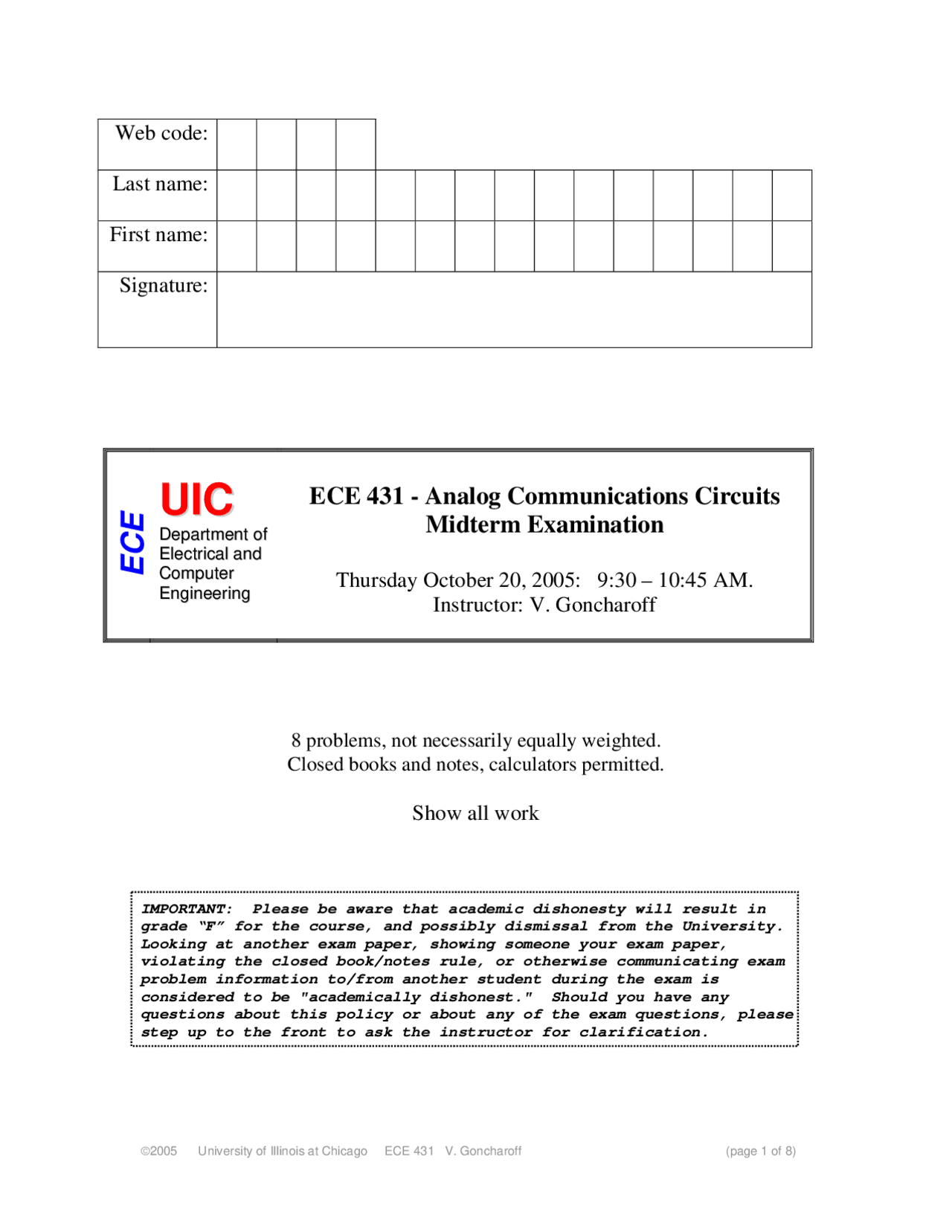 Midterm Exam Analog Communication Circuits Fall 2005 Ece 431