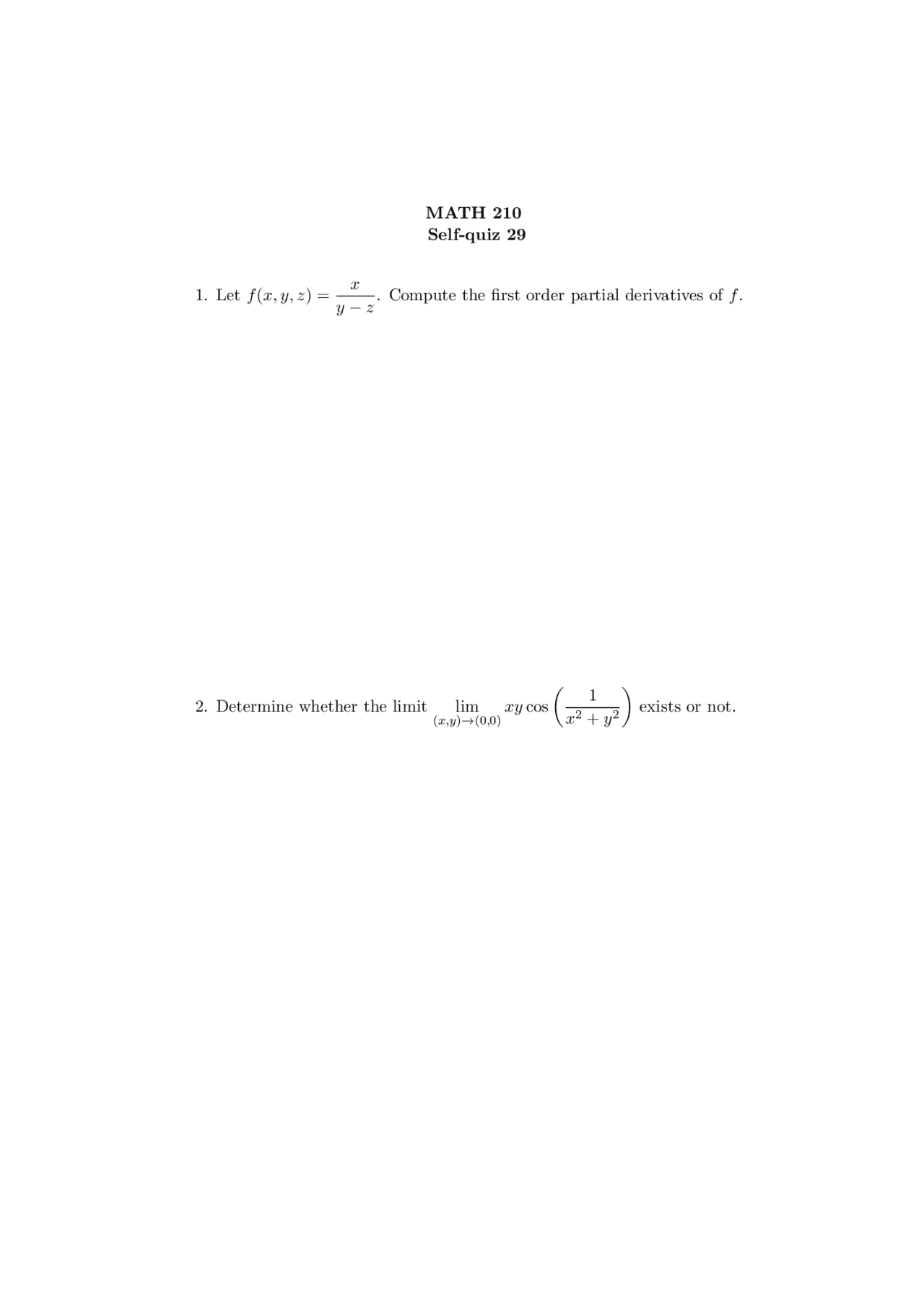 Self Quiz 25 with Solutions for Calculus III | MATH 210 - Docsity