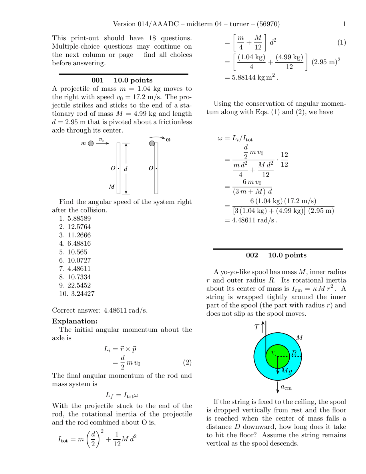 Midterm 4 Questions On Engineering Physics I With Explanations Phy
