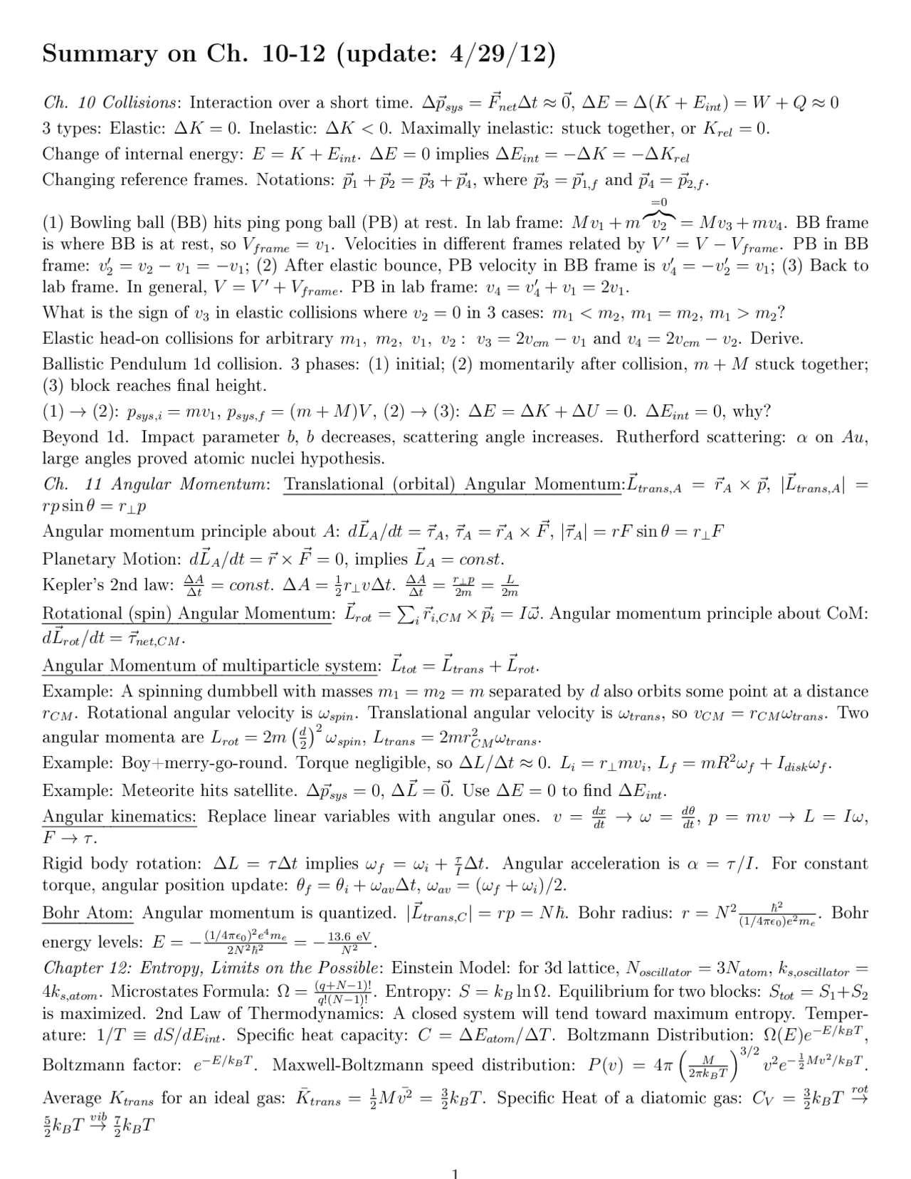 Summary of Chapters 10-12: Collisions, Angular Momentum, and Entropy - Prof. Jack S. Turne ...