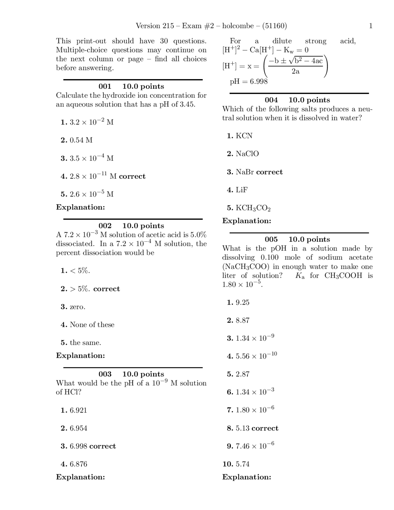 Old Exam 2 With Solutions Principles Of Chemistry Ii Ch 302 Docsity