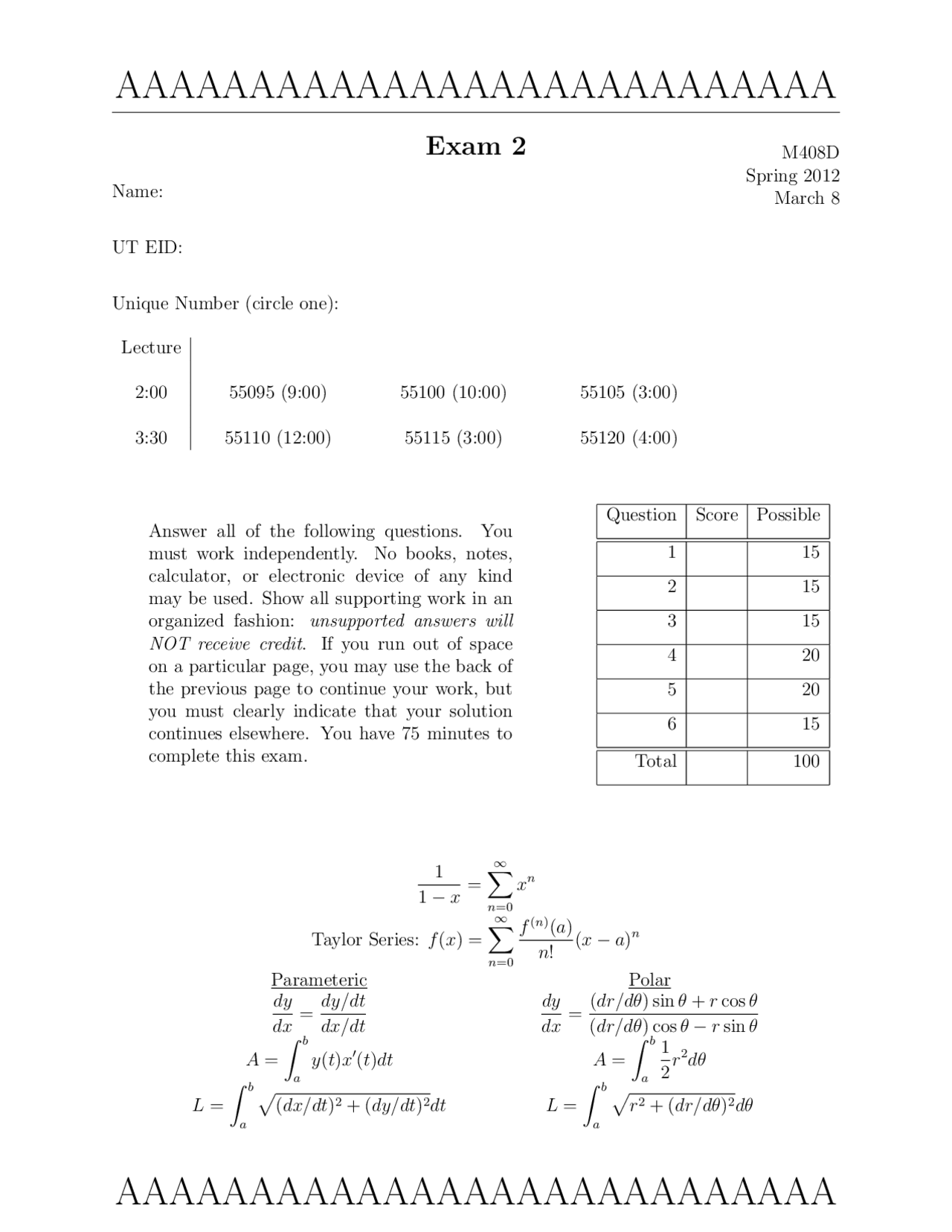 Exam 2 With Solution Seq Series And Multivariable Calculus M 408d