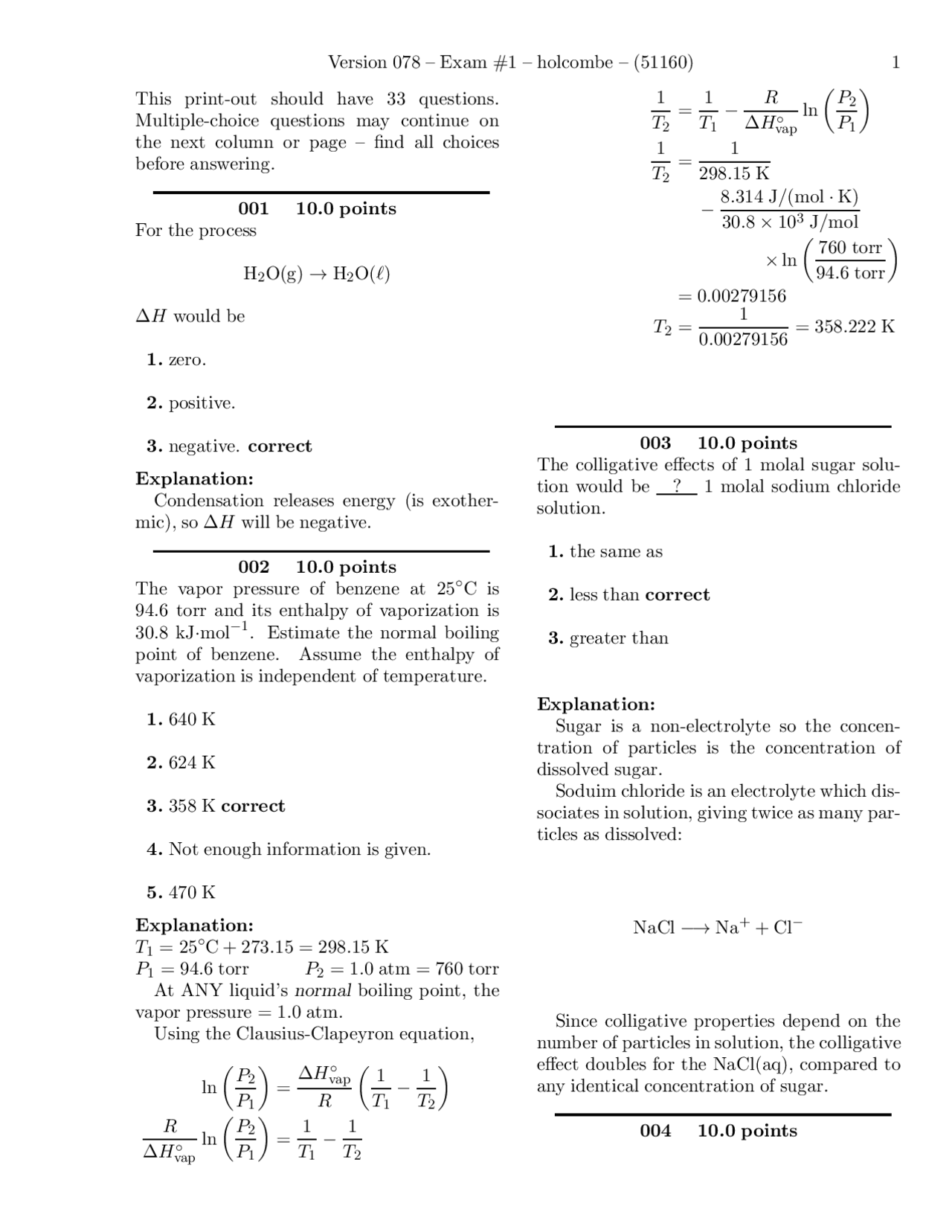 Principles Of Chemistry Ii Solved Exam 1 Ch 302 Docsity