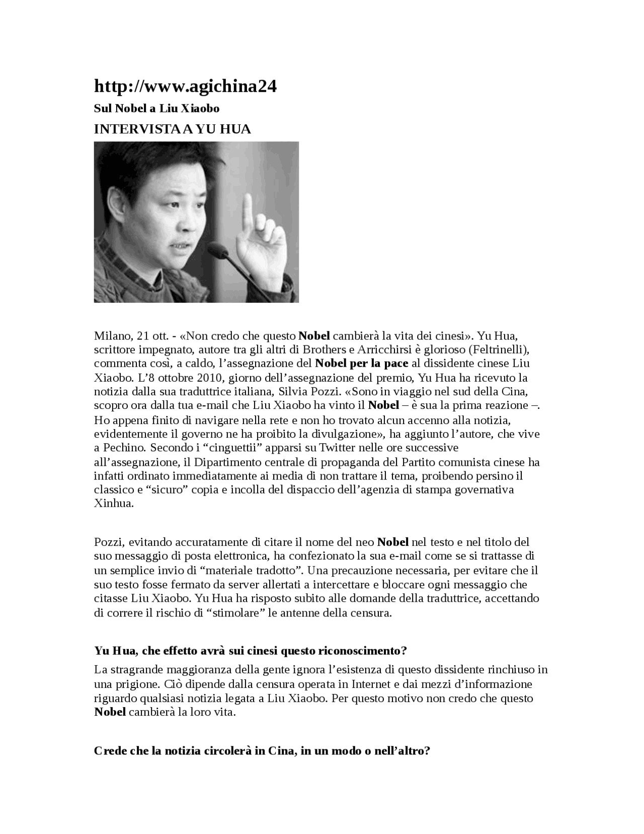 Intervista a Yu Hua sulla reazione del governo cinese al Nobel a Liu ...