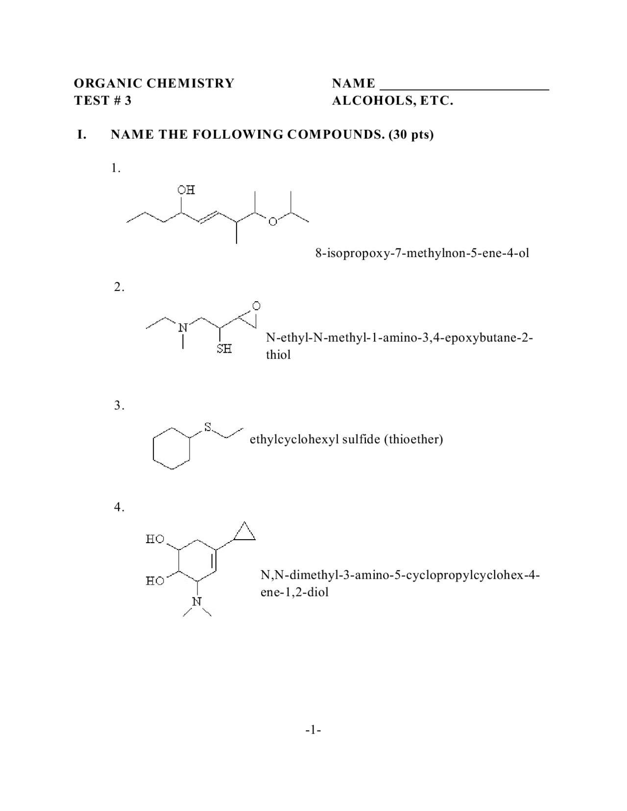 Exam 1 with Answer Key for Organic Chemistry II | CHEM 242 - Docsity