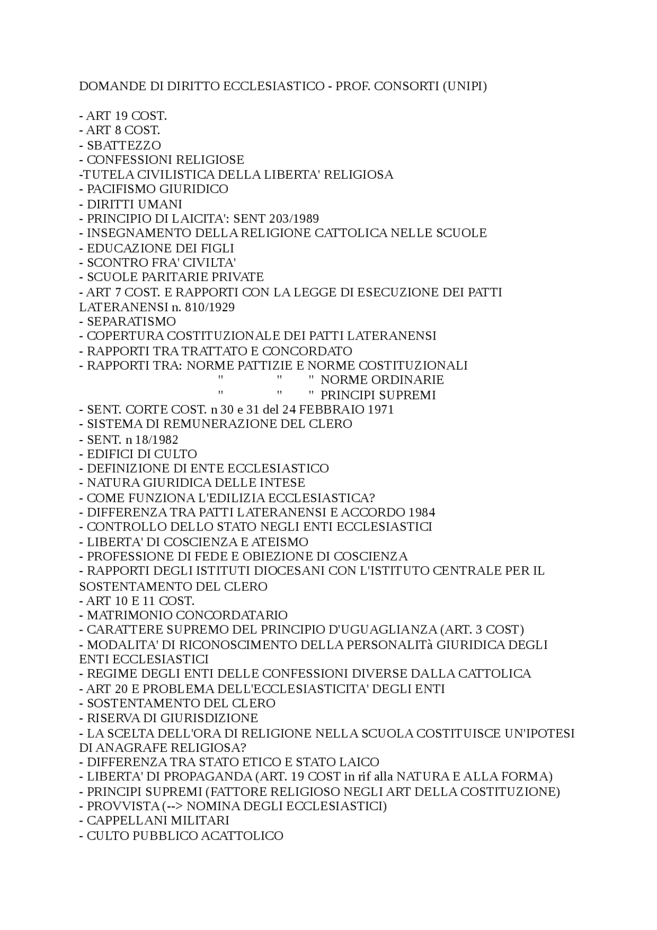 Domande Di Diritto Ecclesiastico Prof Consorti Unipitxt Docsity