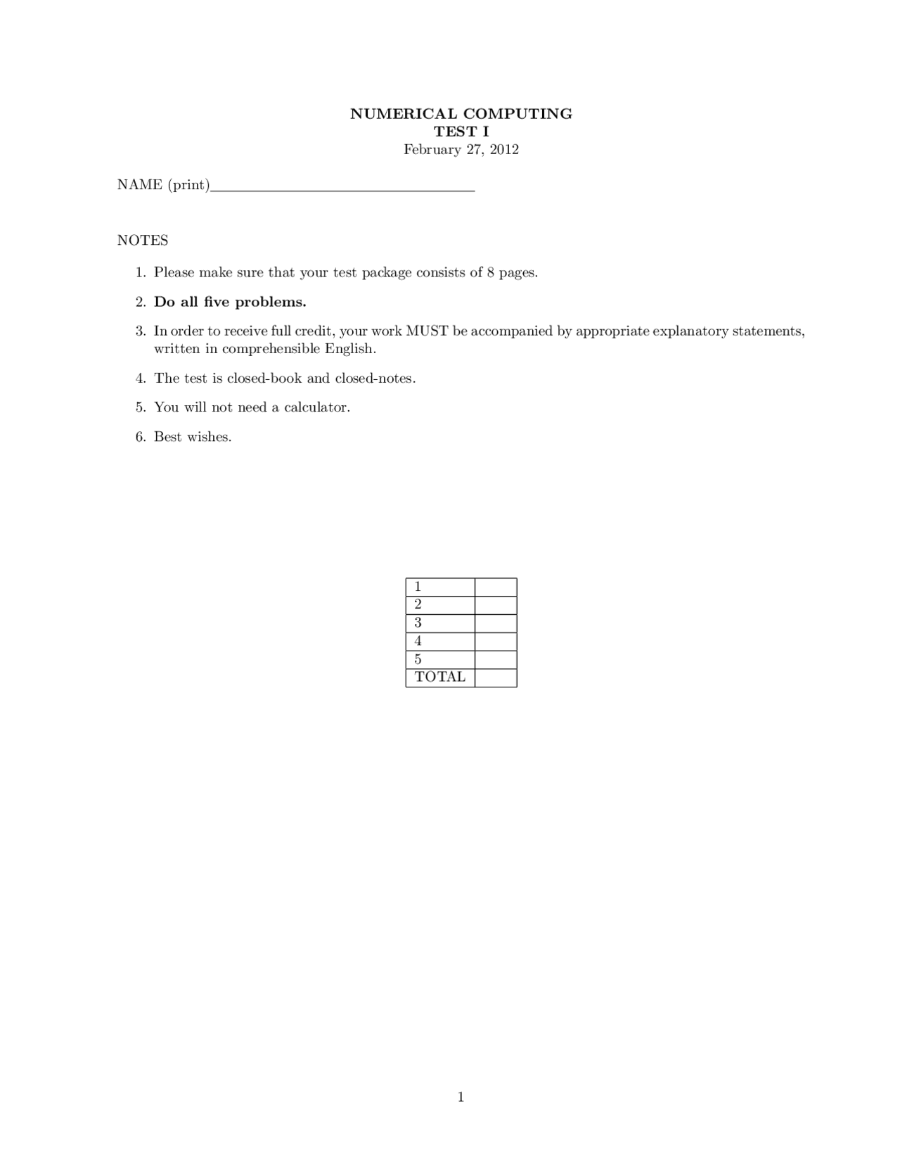 Test 1 With Solution Numerical Computing Math 4800 Docsity