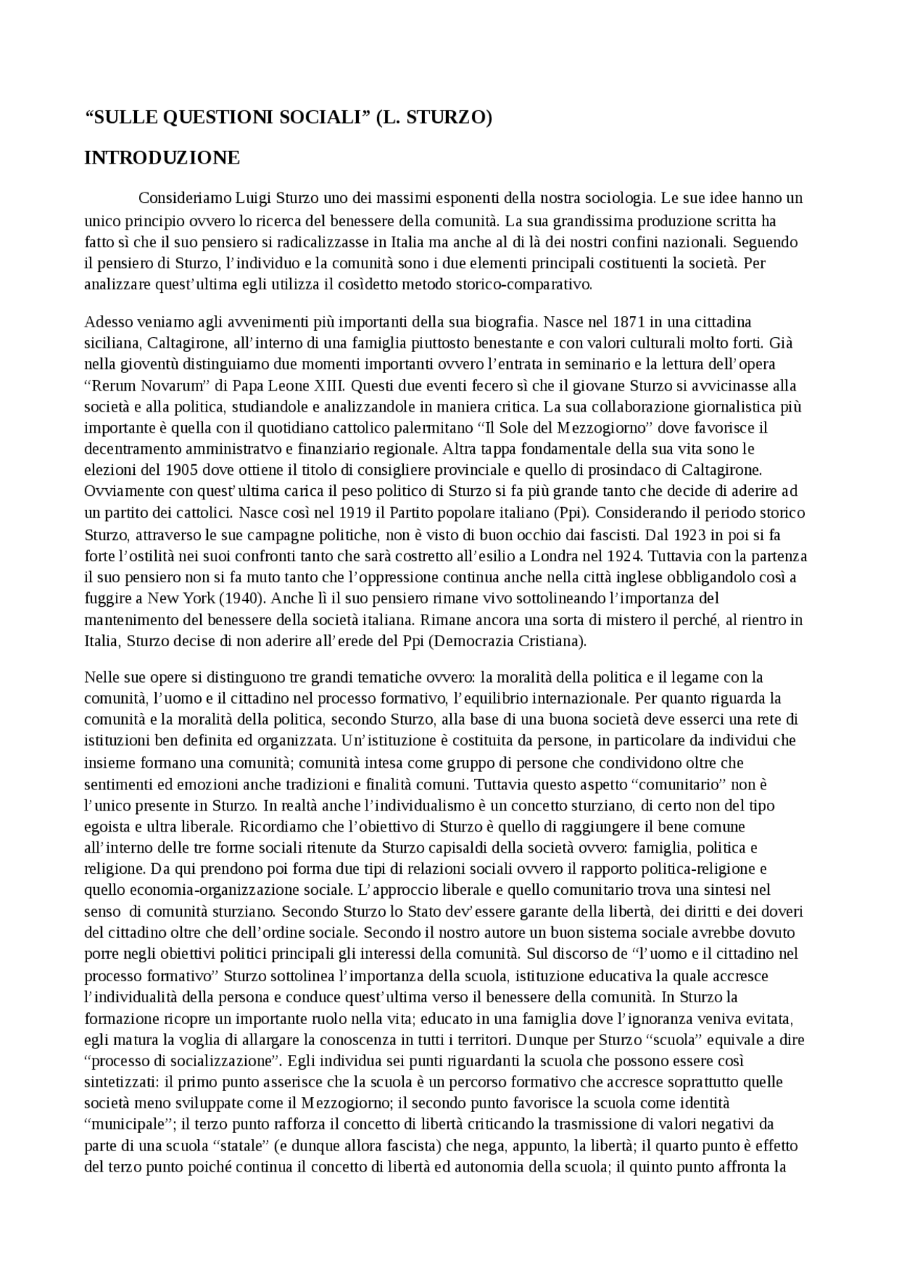 Sulle Questioni Sociali Riassunto Del Libro Di Luigi Sturzo Docsity