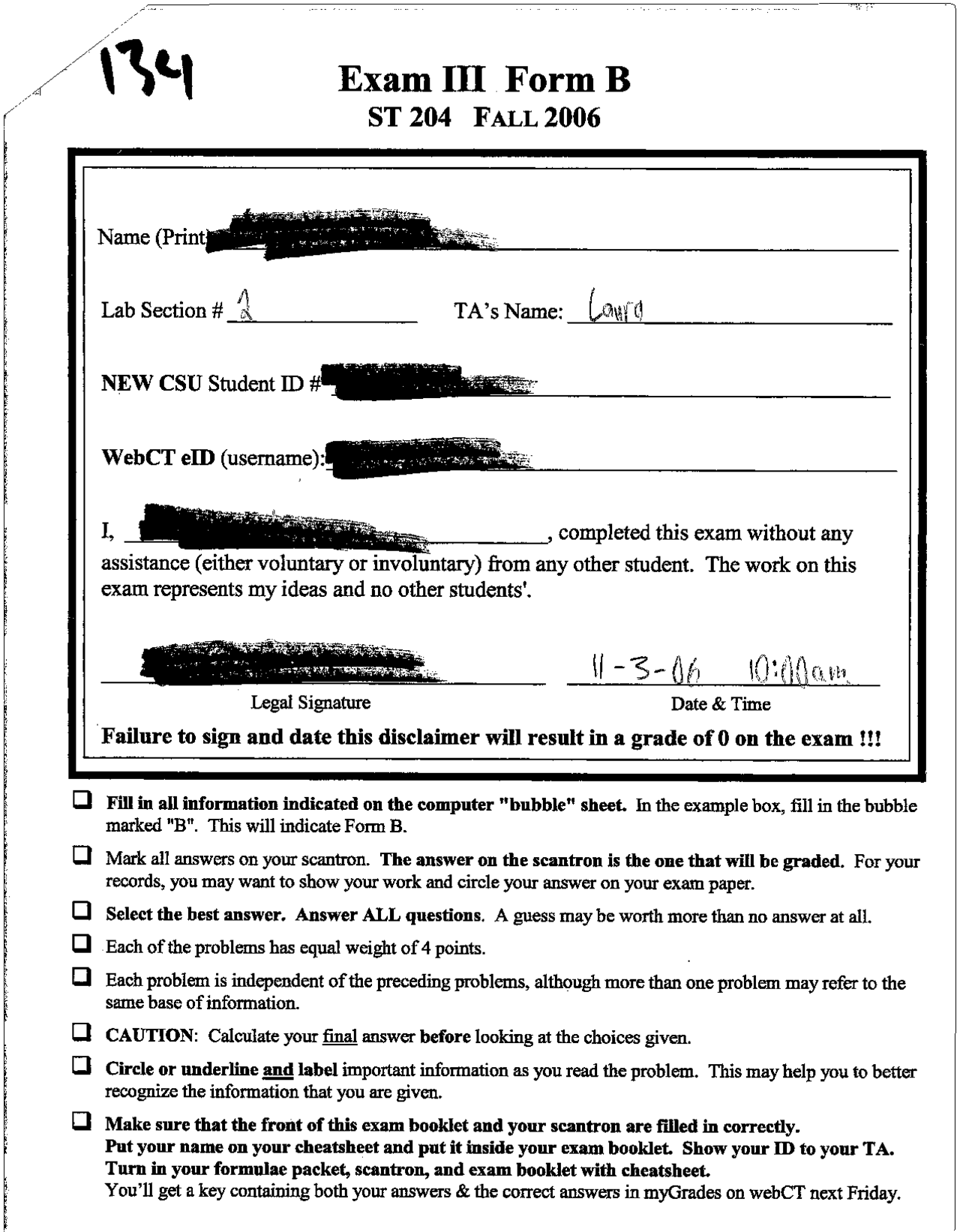 Exam 3 Form B with Answer - Statistics for Business Students | STAT 204 ...
