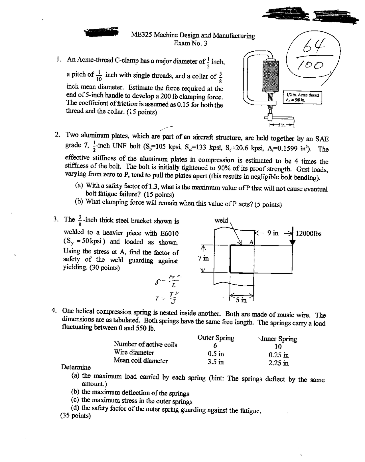 Machine Design And Manufacturing Practice Exam Paper Mech 325 Docsity