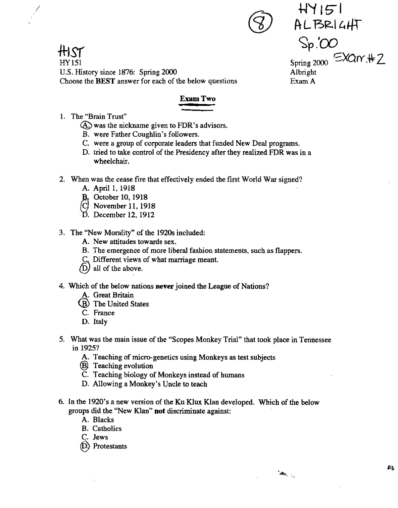 50 Solved MCQs in Exam on US History Since 1876 | HIST 151 - Docsity