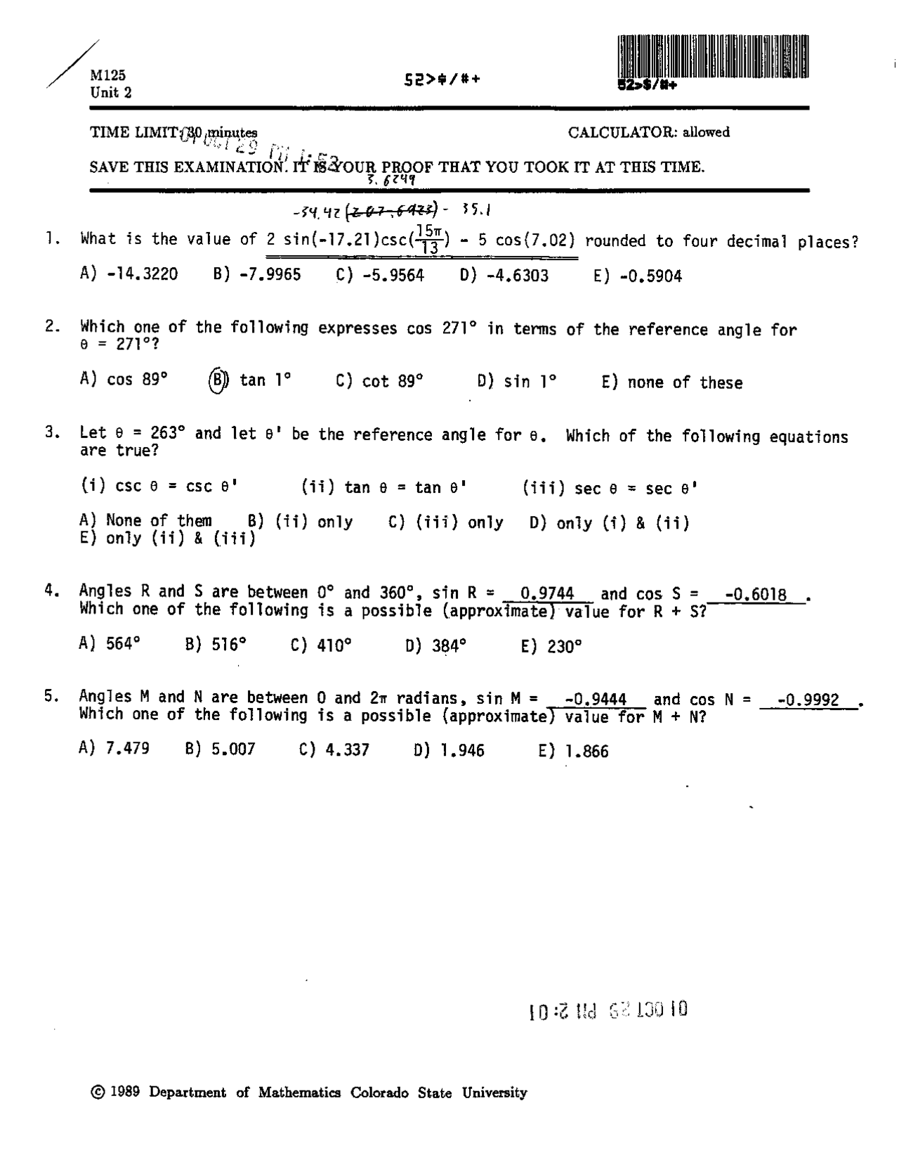 Midterm Exam With Multiple Choice Questions Numerical Trigonometry