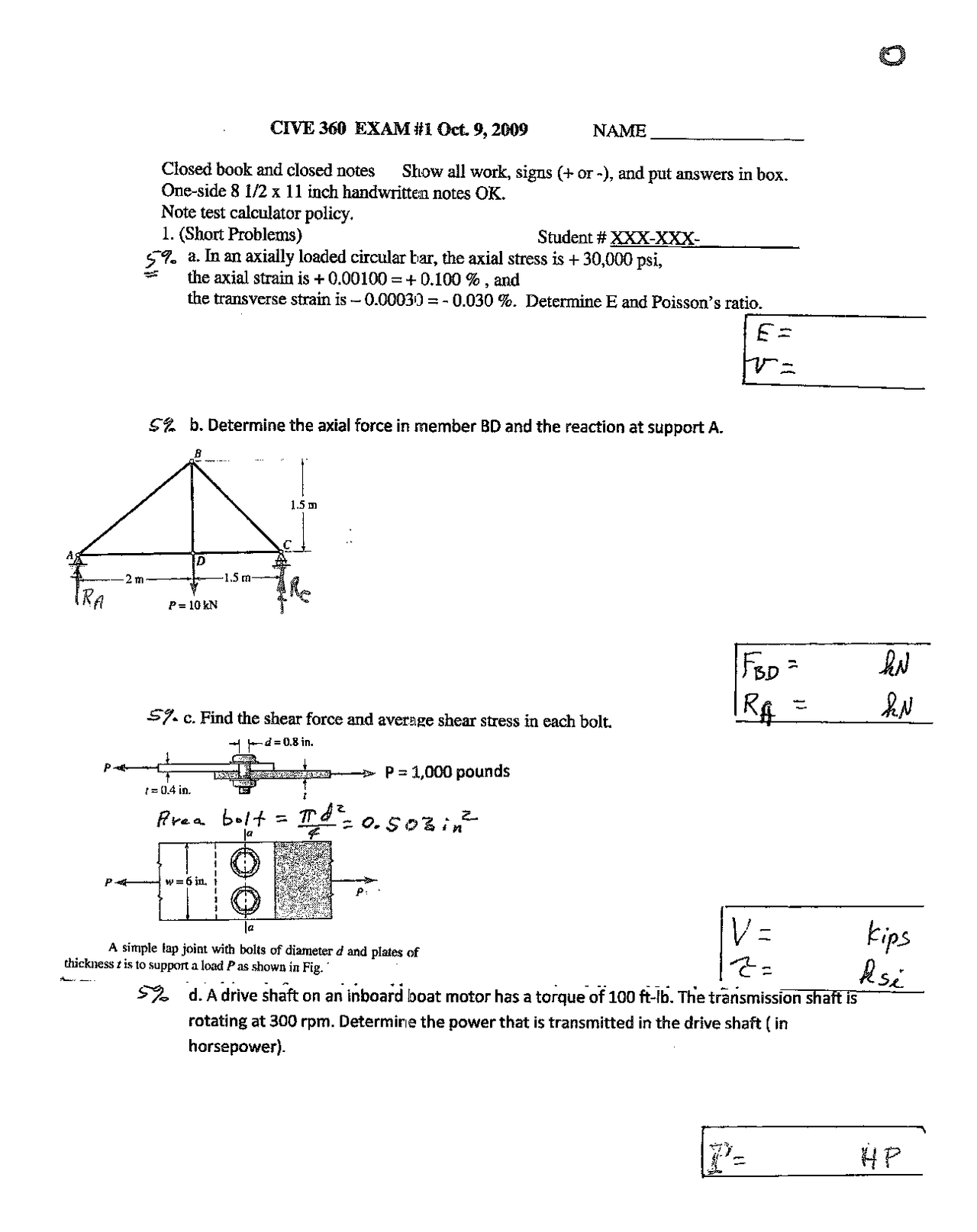 Exam 1 with Answers - Mechanics of Solids | CIVE 360 | Exams Civil ...