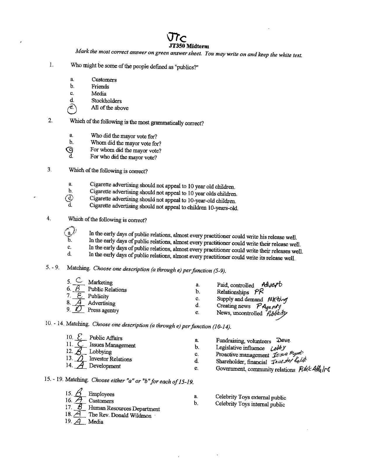 Midterm Paper With Answers Public Relations Jtc 350 Docsity