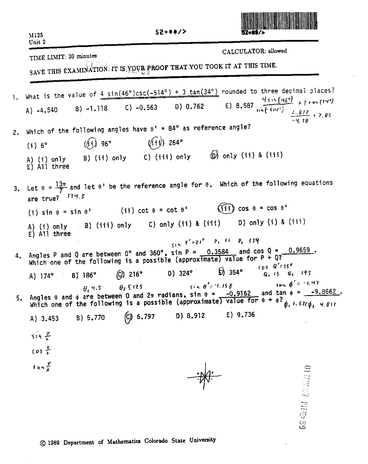 Midterm Exam 2 With Solution Numerical Trigonometry Math 125 Docsity