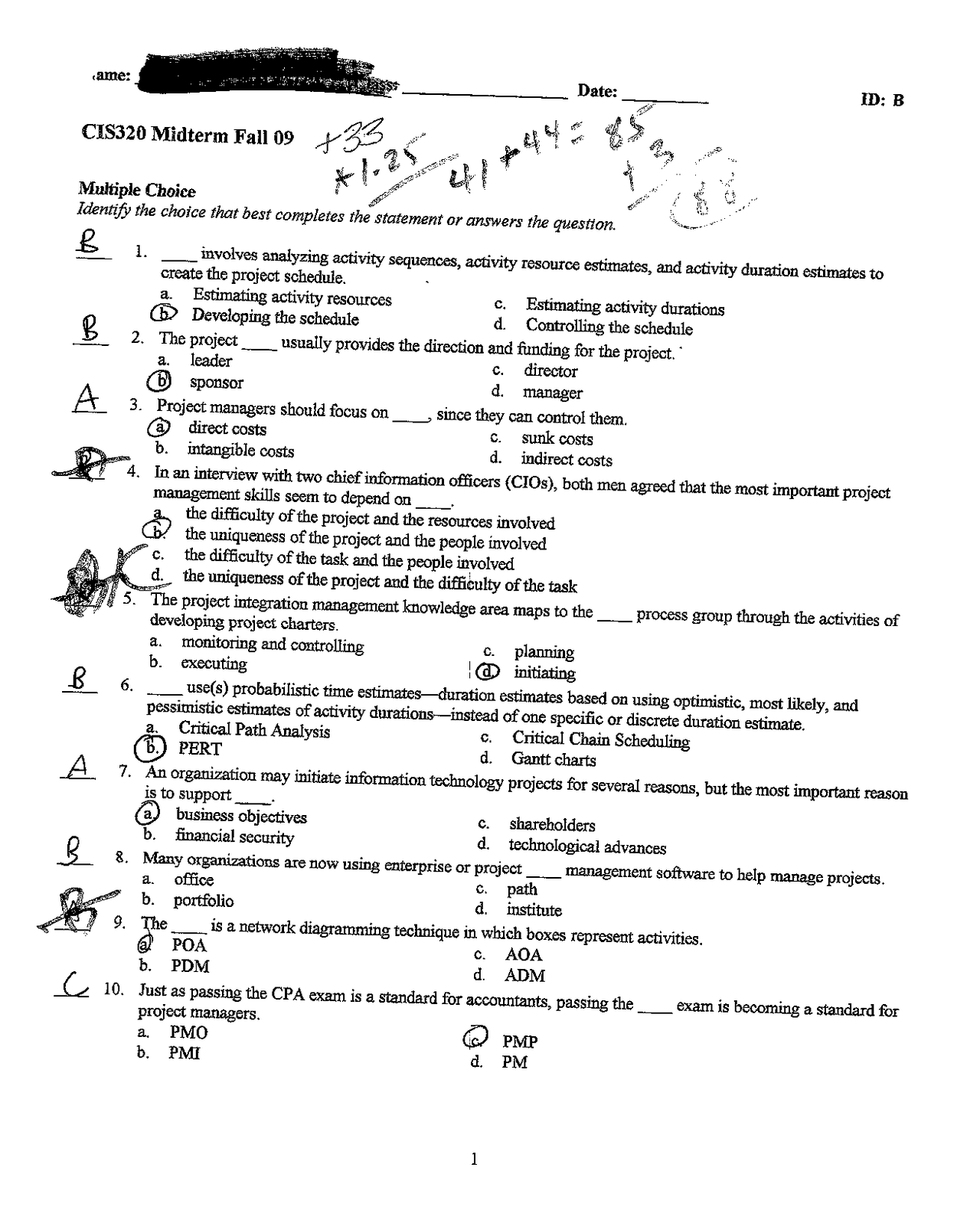 Midterm Exam Solution Key Project Management For Information Systems