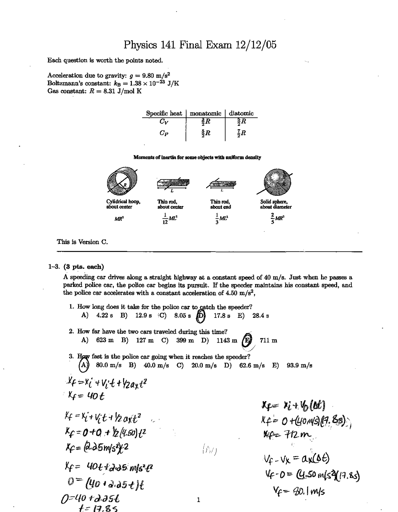 Physics For Scientists And Engineers I Exam Ph 141 Docsity