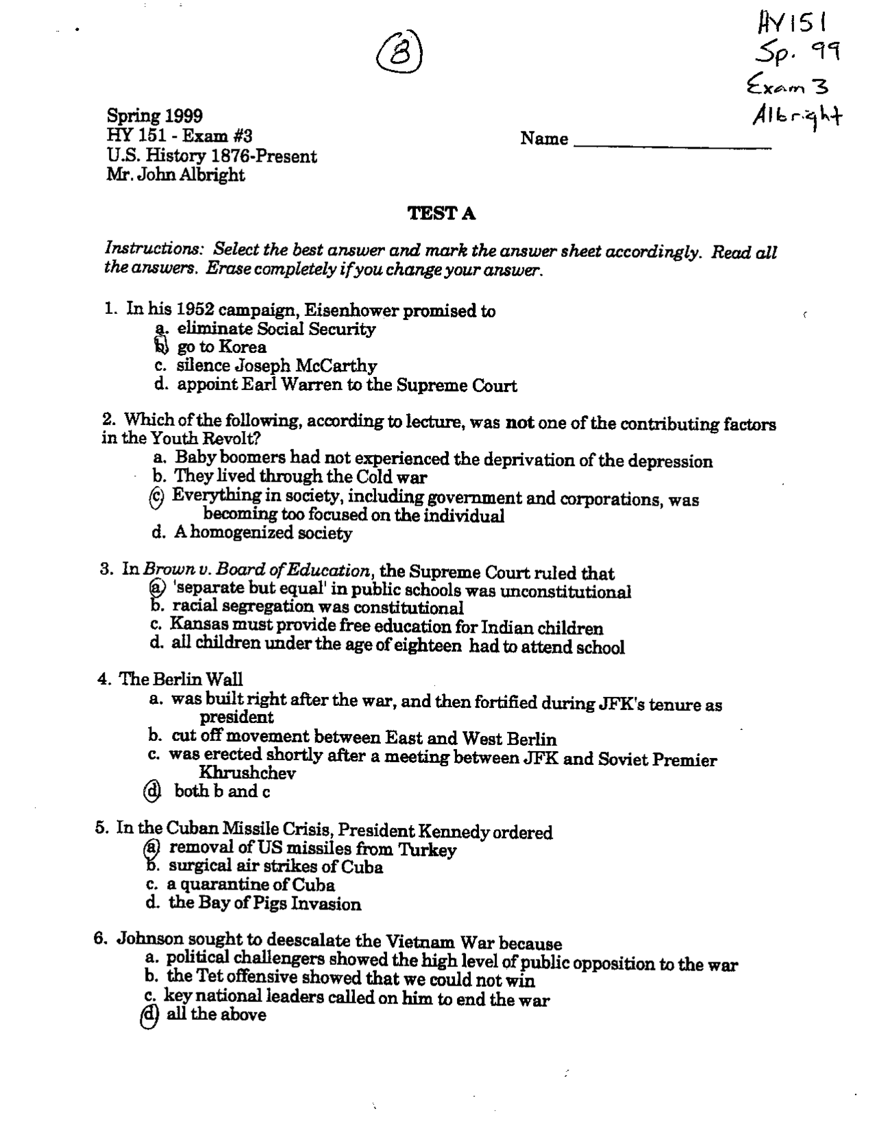 Exam 3 With Solution For United State History Since 1876 Hist 151