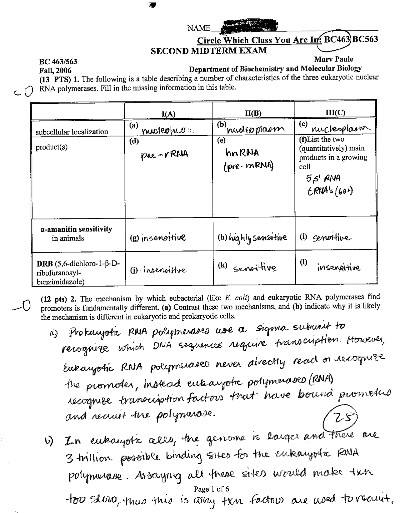 Second Midterm Exam With Answer Key Molecular Genetics Bc 463 Docsity