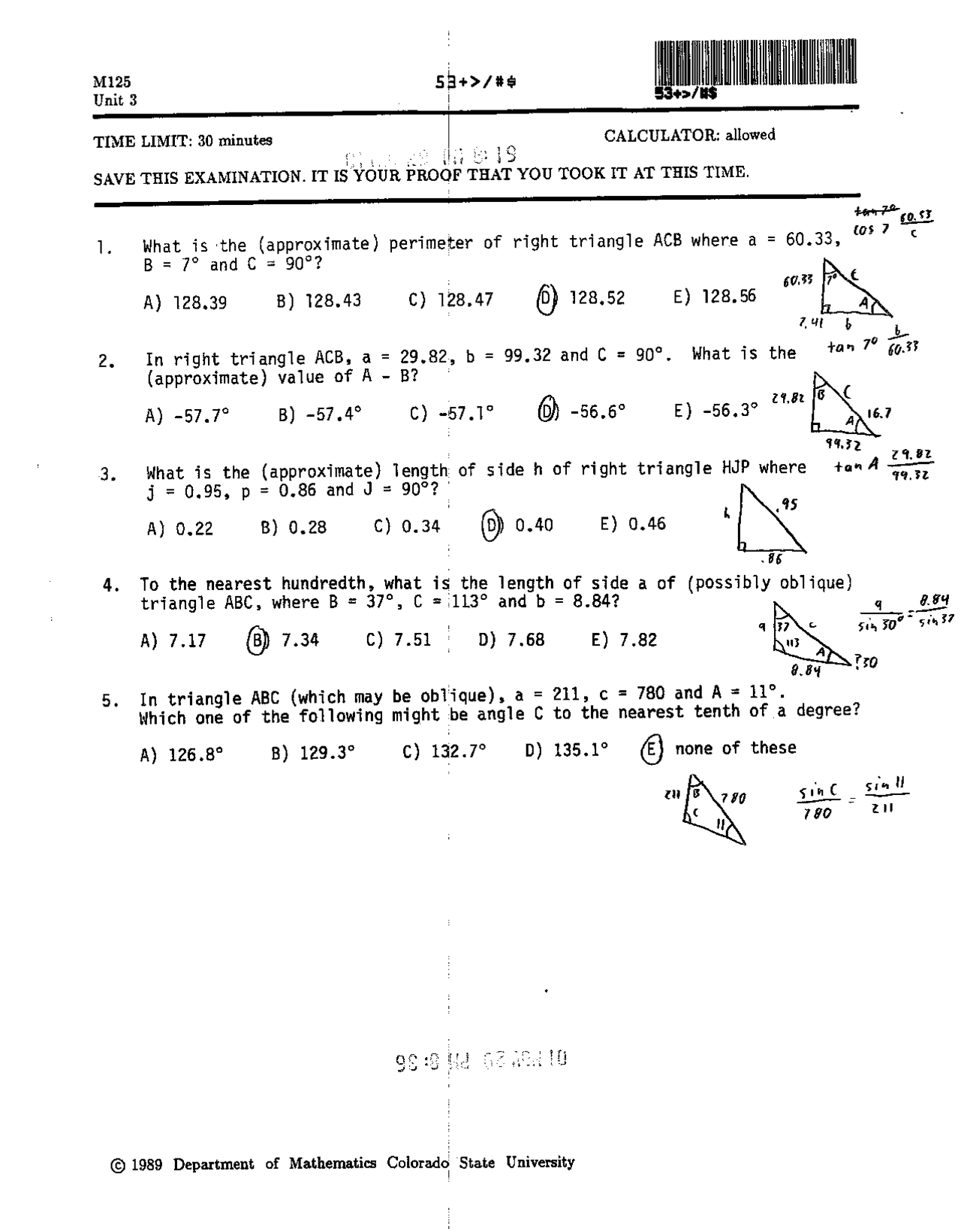 Numerical Trigonometry Solved Exam Math 125 Docsity
