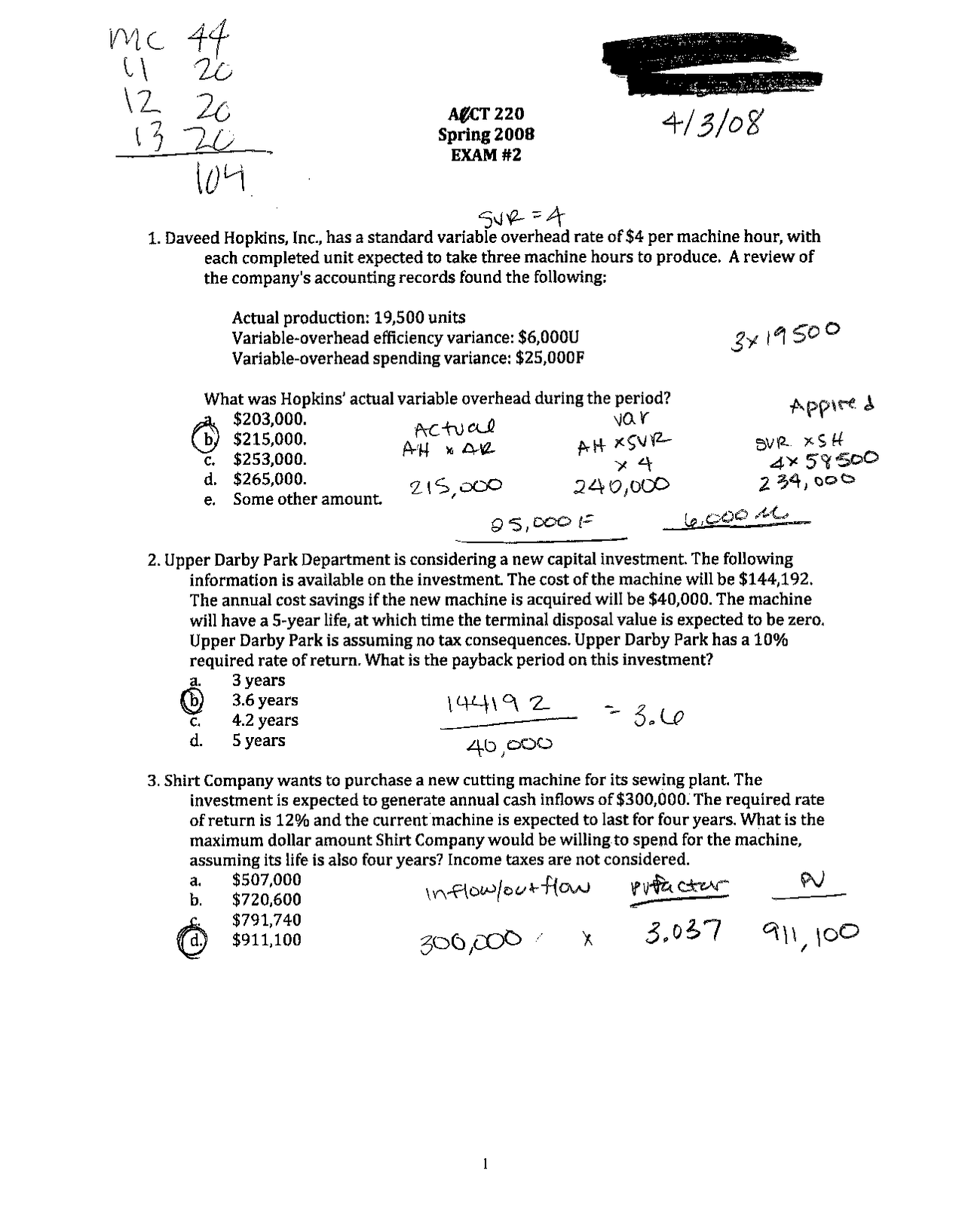 Exam 2 With Solution Key Introduction To Managerial Accounting Act