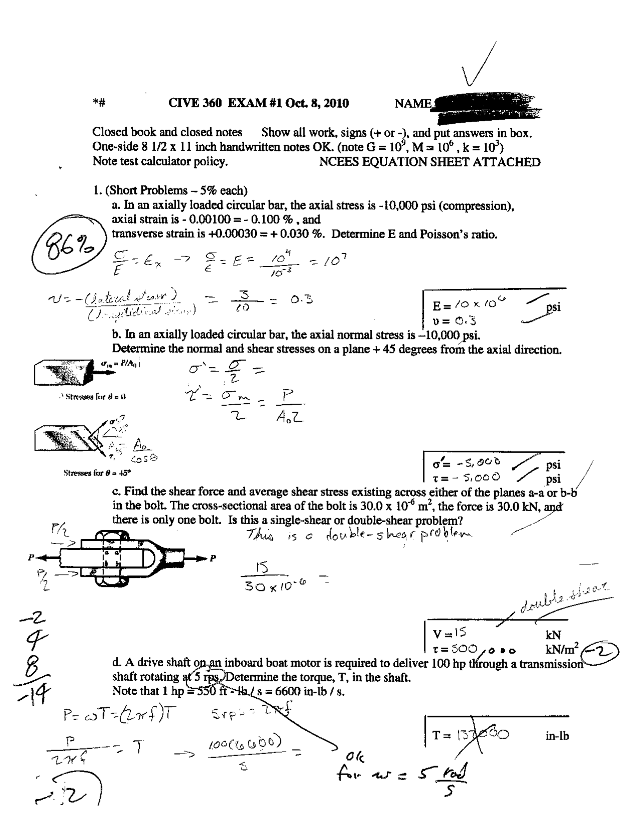 Mechanics of Solids Exam with Answers | CIVE 360 - Docsity