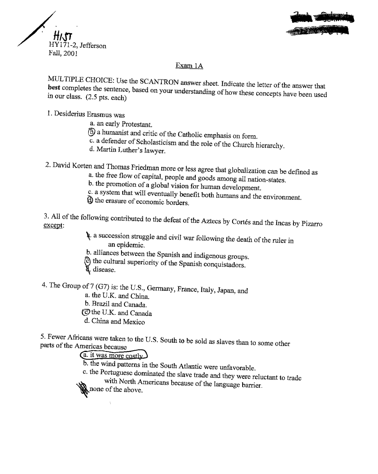 World History, 1500-Present - Exam 1A - Fall 2001 | HIST 171 | Exams ...