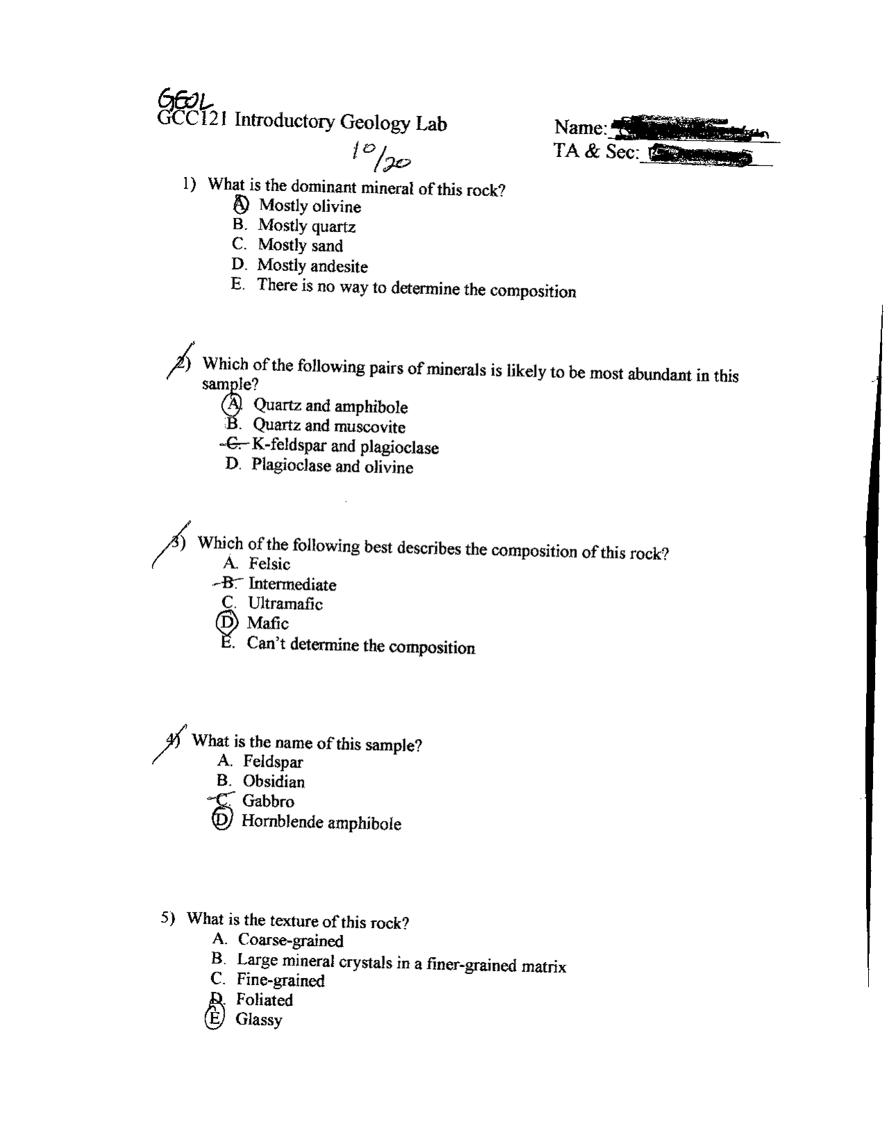 Solved Exam for Introductory Geology Laboratory | GEOL 121 - Docsity