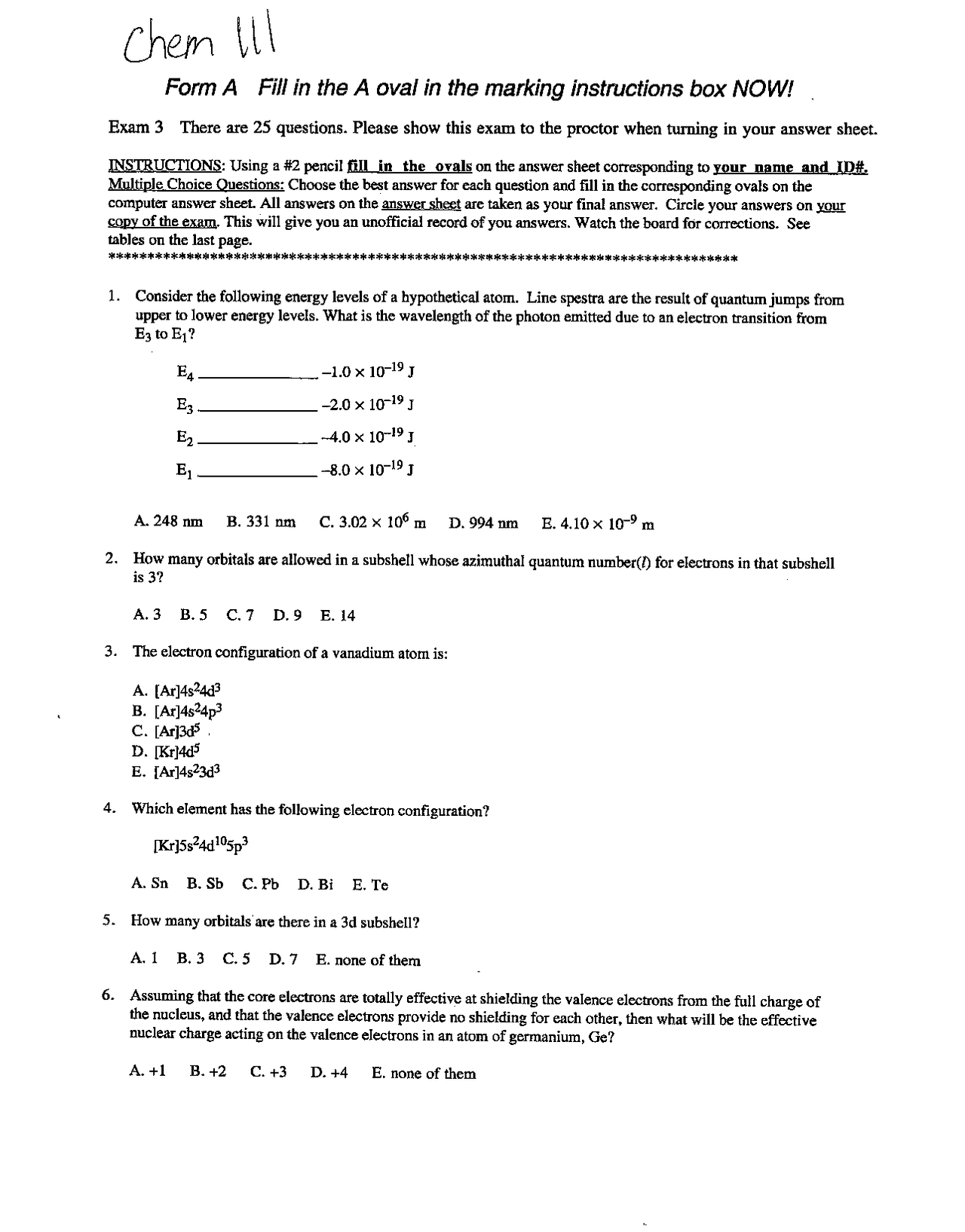 Chemistry exam on energy levels, orbitals, electron configurations ...