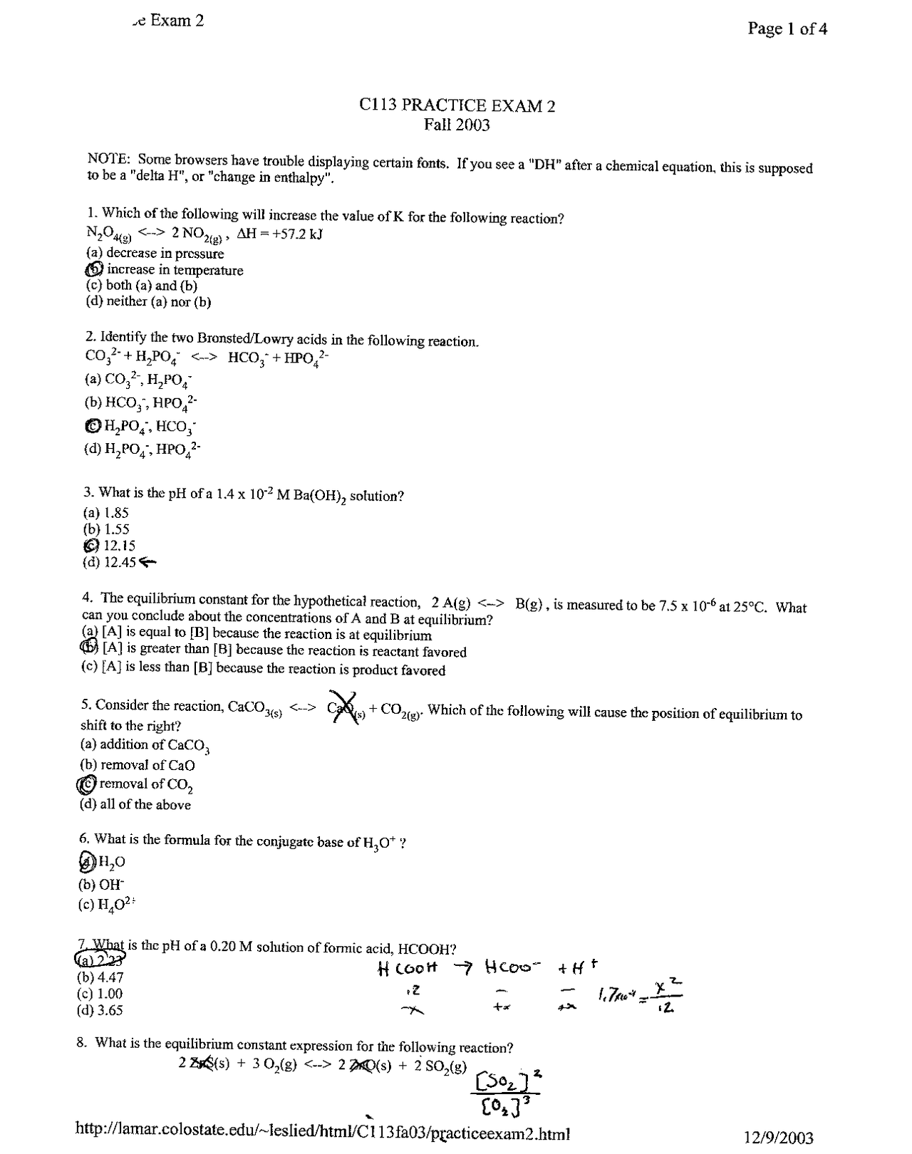 Practice Exam 2 with Answer Key - General Chemistry II | CHEM 113 - Docsity