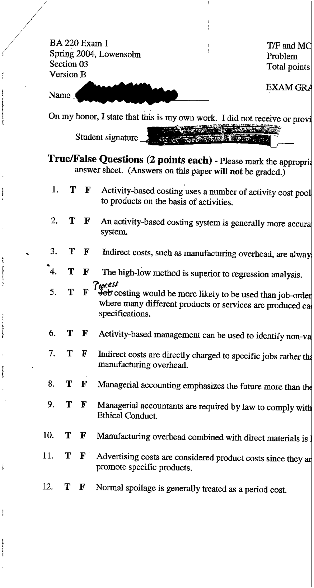 Practice Exam 1 Introduction To Managerial Accounting Act 220 Docsity