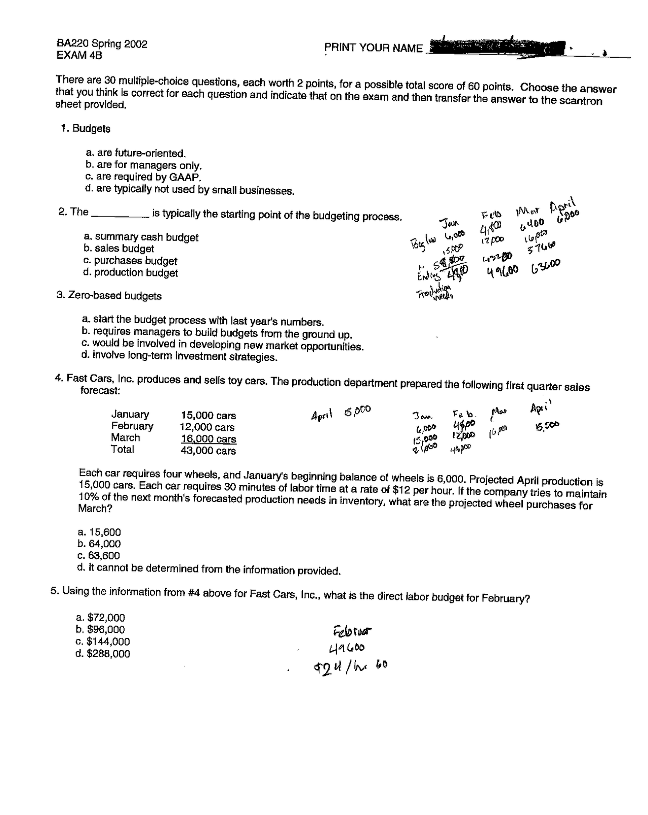 30 Multiple Choice Questions on Budgets - Exam 4 | ACT 220 - Docsity