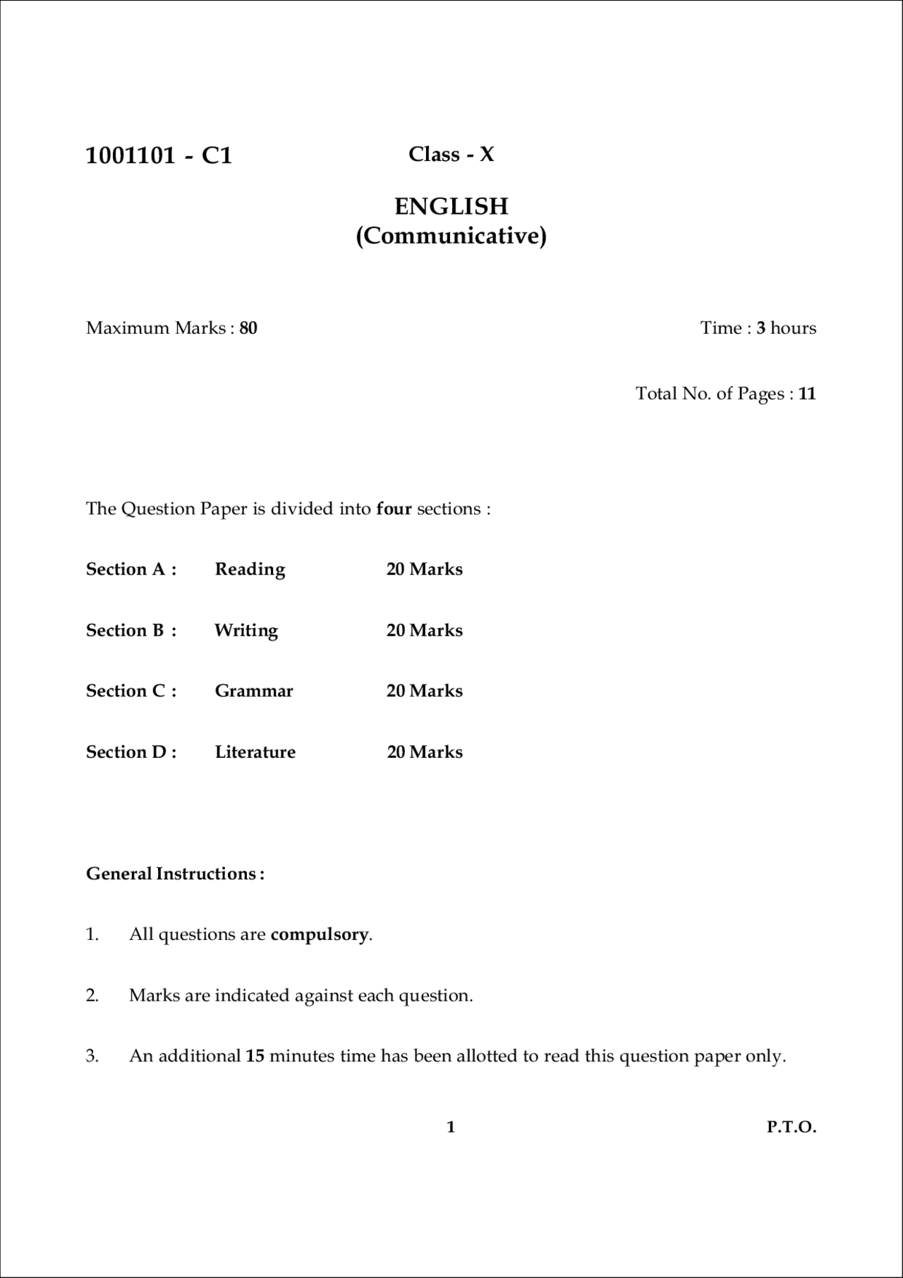 English Communicative - Class X 2011 - Exam - Set 1 | Exams Mathematics ...