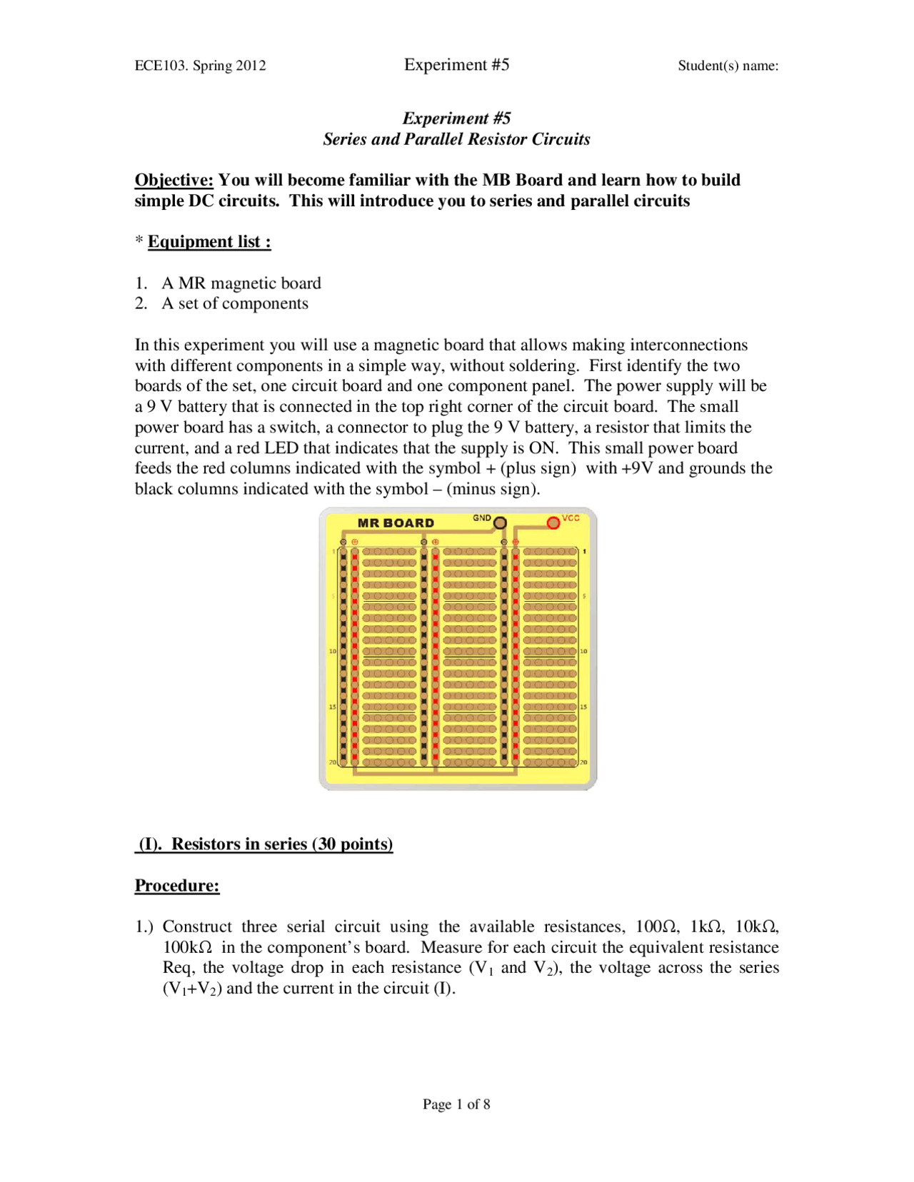 Series and Parallel Resistor Circuits for Experiment 5 | ECE 103 - Docsity