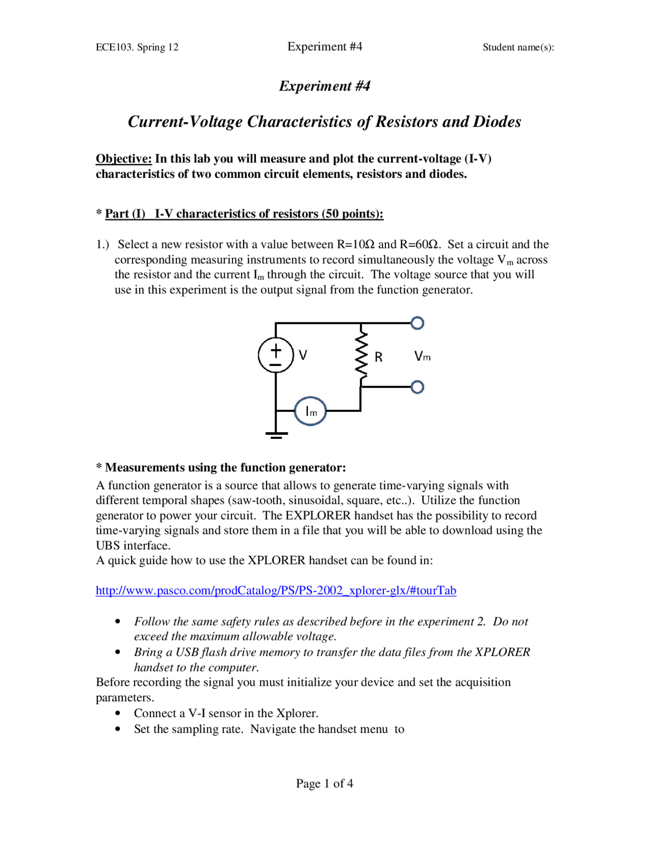 Current Voltage Characteristics of Resistors and Diodes – Experiment 4 ...