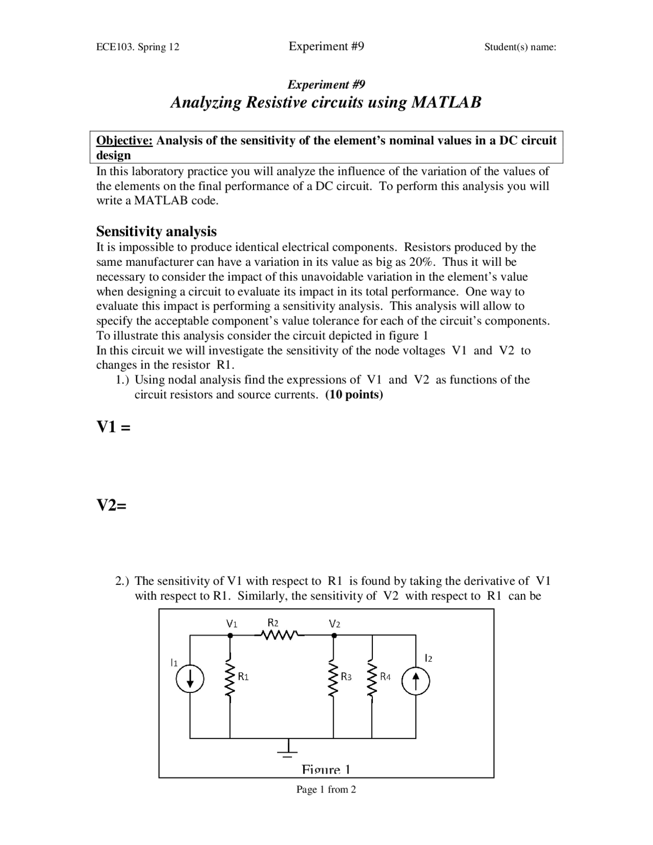 Experiment 9 For Direct Current Circuit Analysis Ece 103 Docsity
